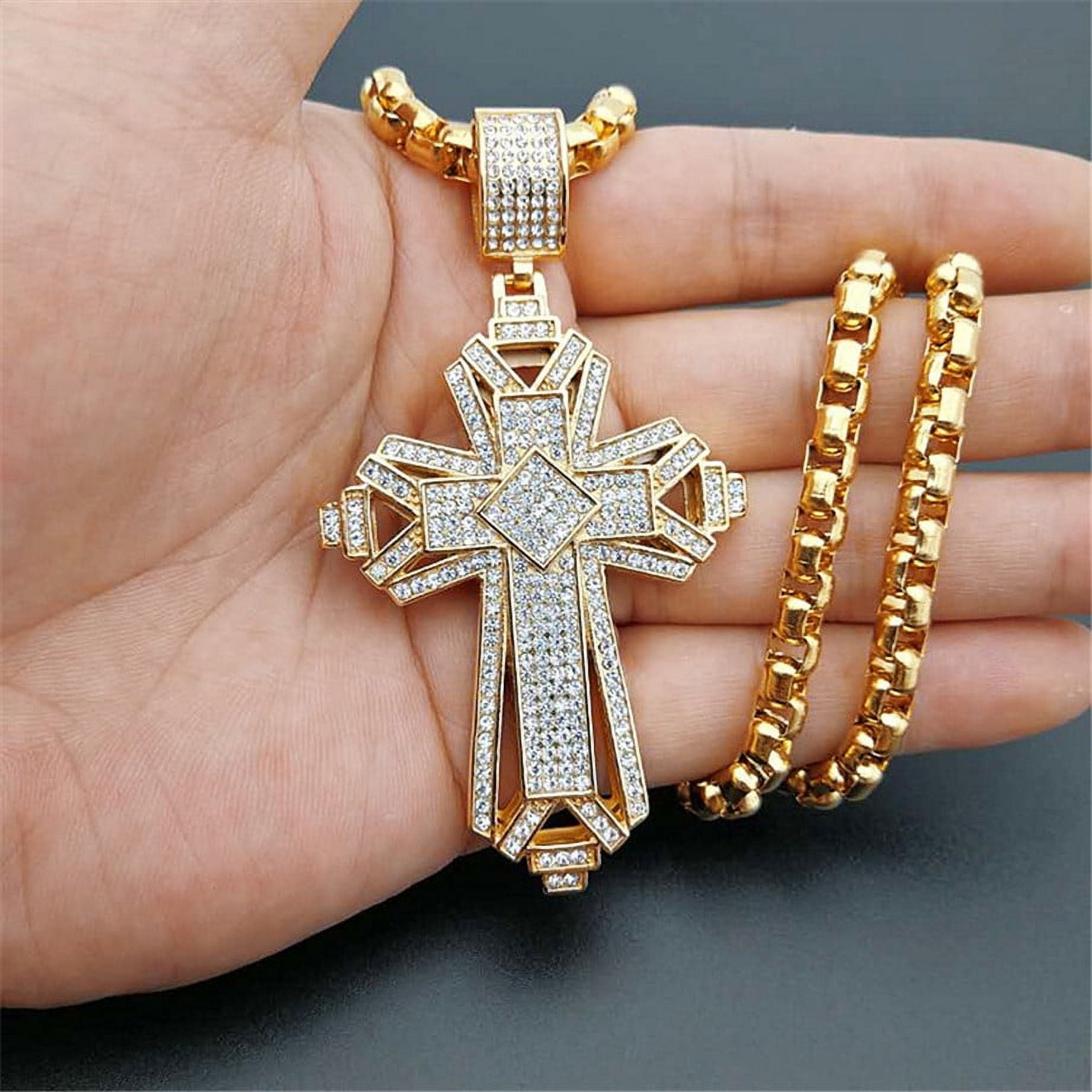 Newest Iced Out 14K Yellow Gold Big Cross Pendant Necklace for Men Gold ...