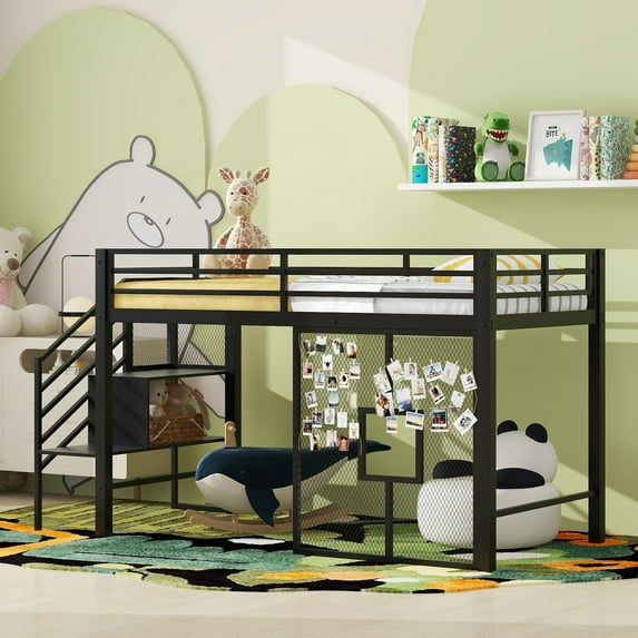 Newest Low Profile Twin Loft Bed with Storage, Black Metal Loft Bed ...