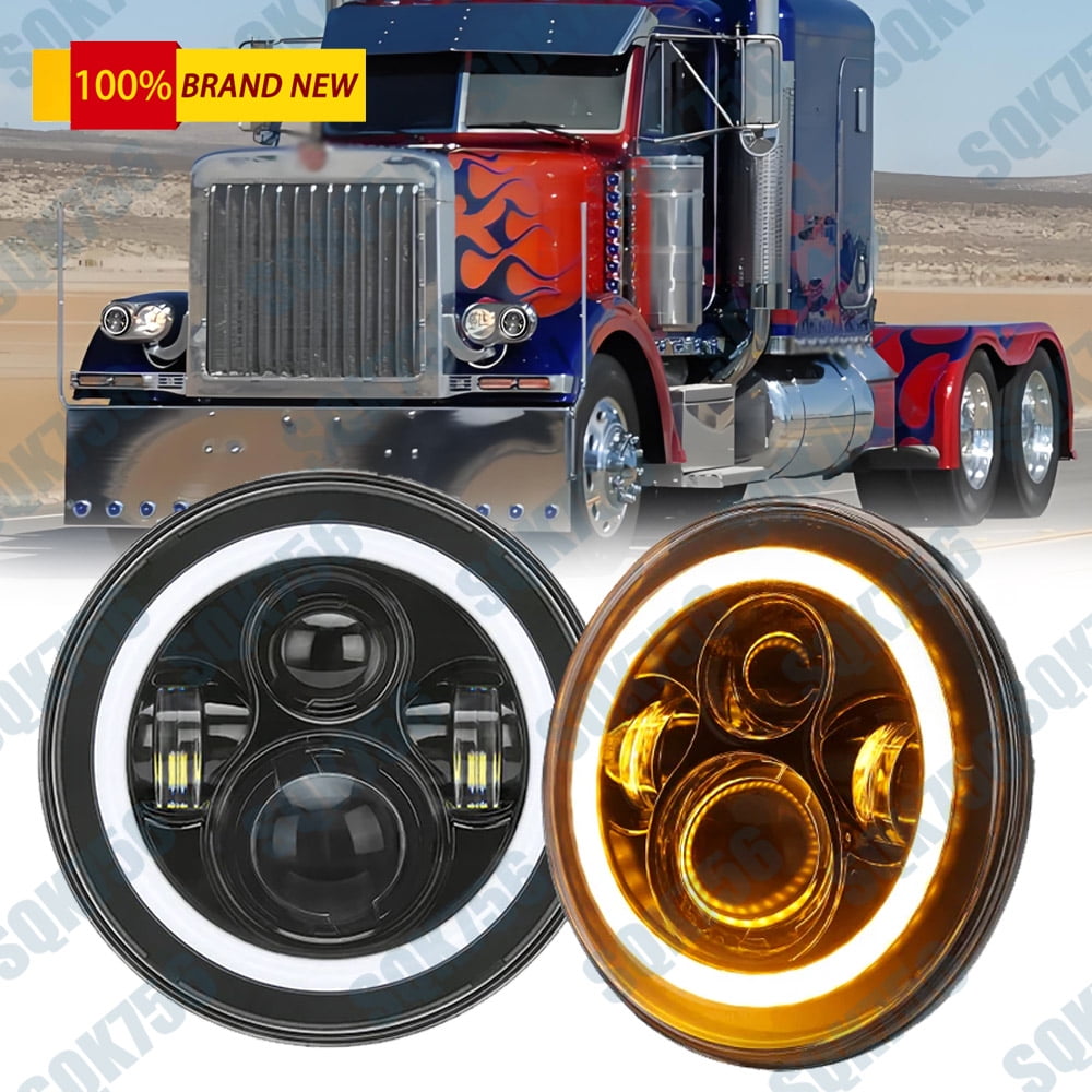Newest Pair 7inch LED Round Headlights Hi-Lo Beam for Peterbilt 379 359 ...