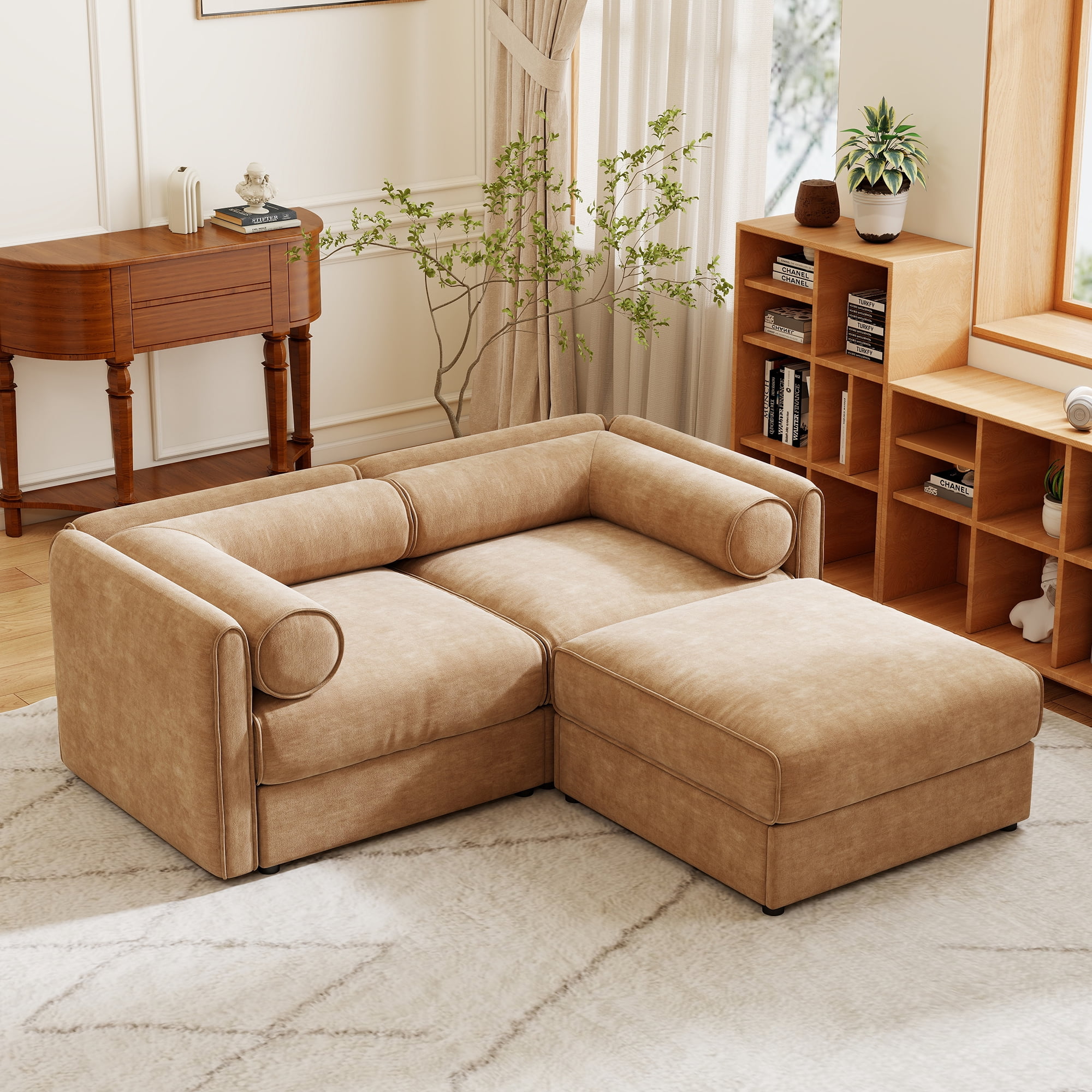 Newest Stylish Camel Chenille 2-Seater Sofa with Ottoman Storage Seat ...