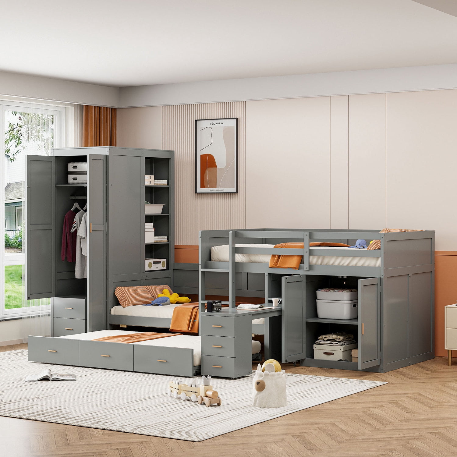 Newest Twin Wooden Bunk Bed with Trundle, Cabinet, Wardrobe, Desk and ...