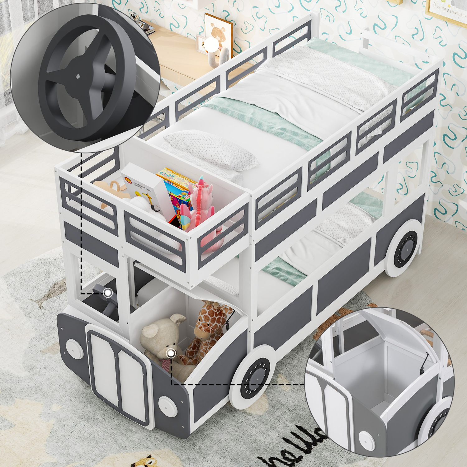 Newest Twin over Twin Bus-shaped Bunk Bed with Wheels and Storage, Gray ...
