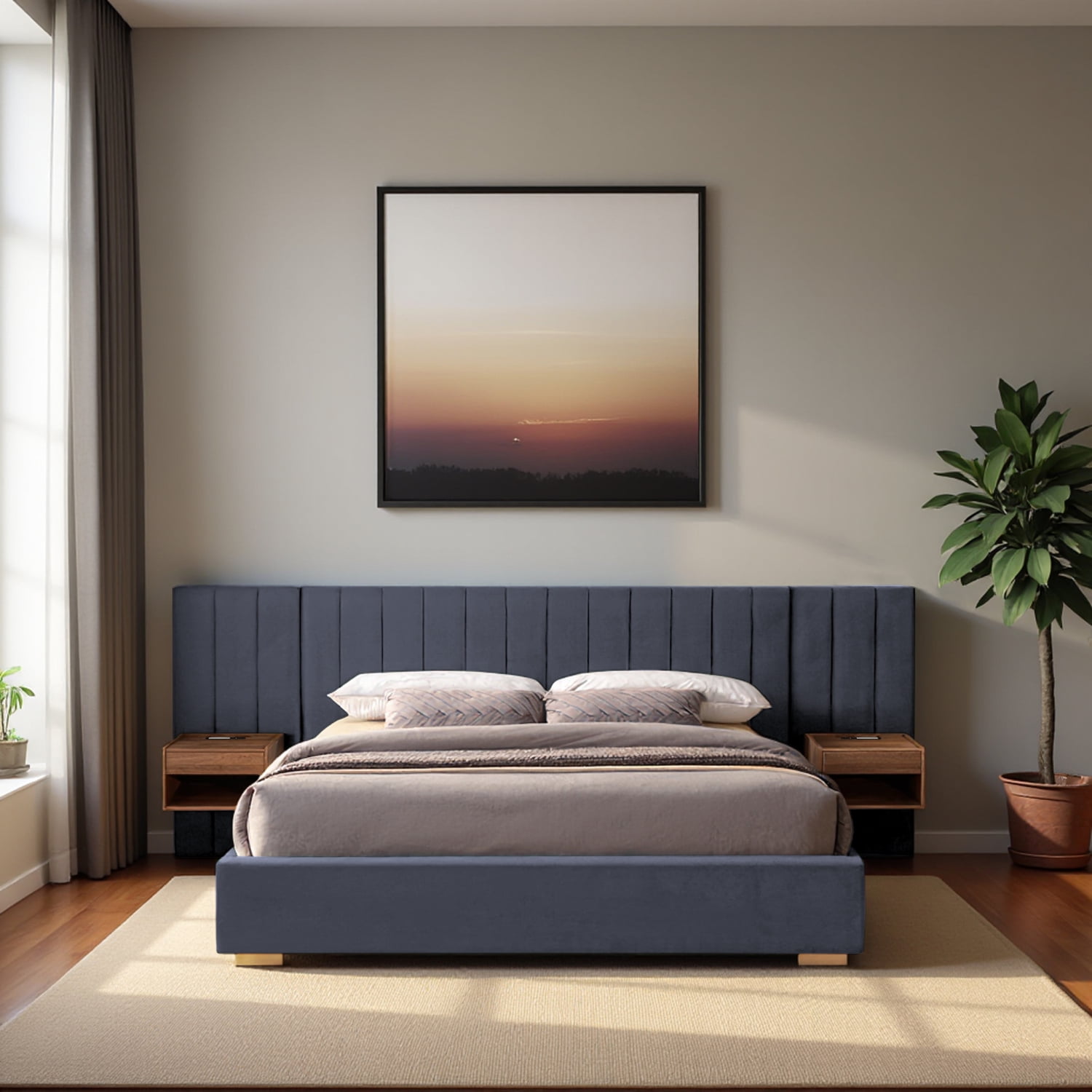 Newest Upholstered Queen Size Bed Frame of Velvet Tufted Headboard with ...