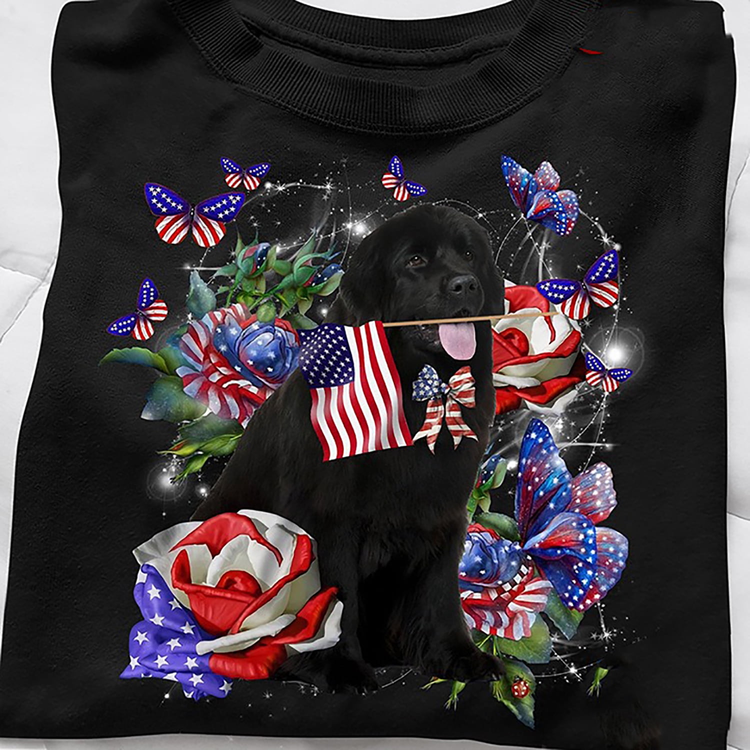 Newfoundland Dog American Flag Roses Butterflies Shirt, Fourth Of July ...