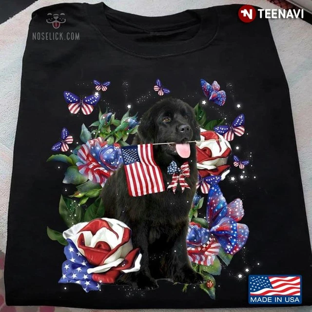 Newfoundland Dog Butterflies Flowers And American Flag Happy ...
