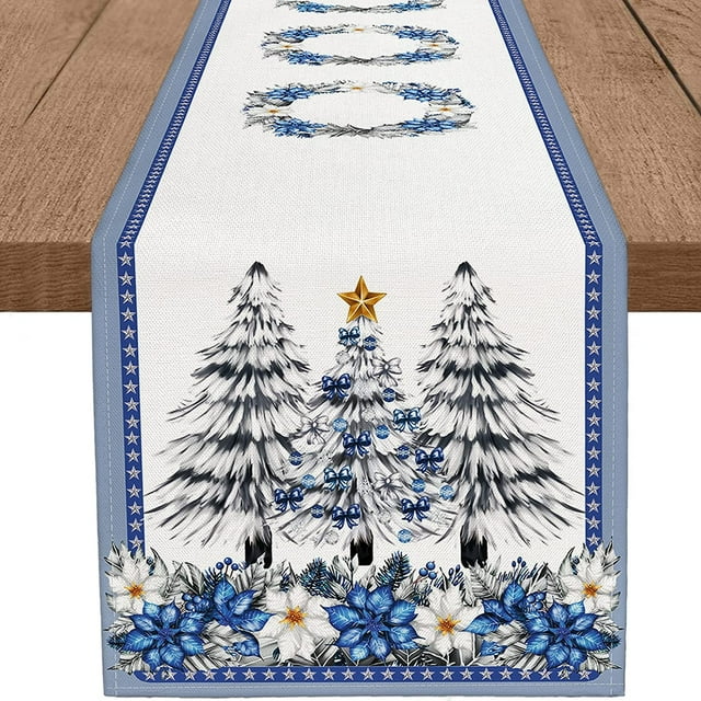 Newhomestyle Christmas Pine Tree Table Runner Burlap Winter Seasonal ...