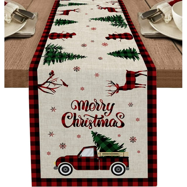 Newhomestyle Christmas Table Runners, Truck Cotten Linen Red Buffalo ...