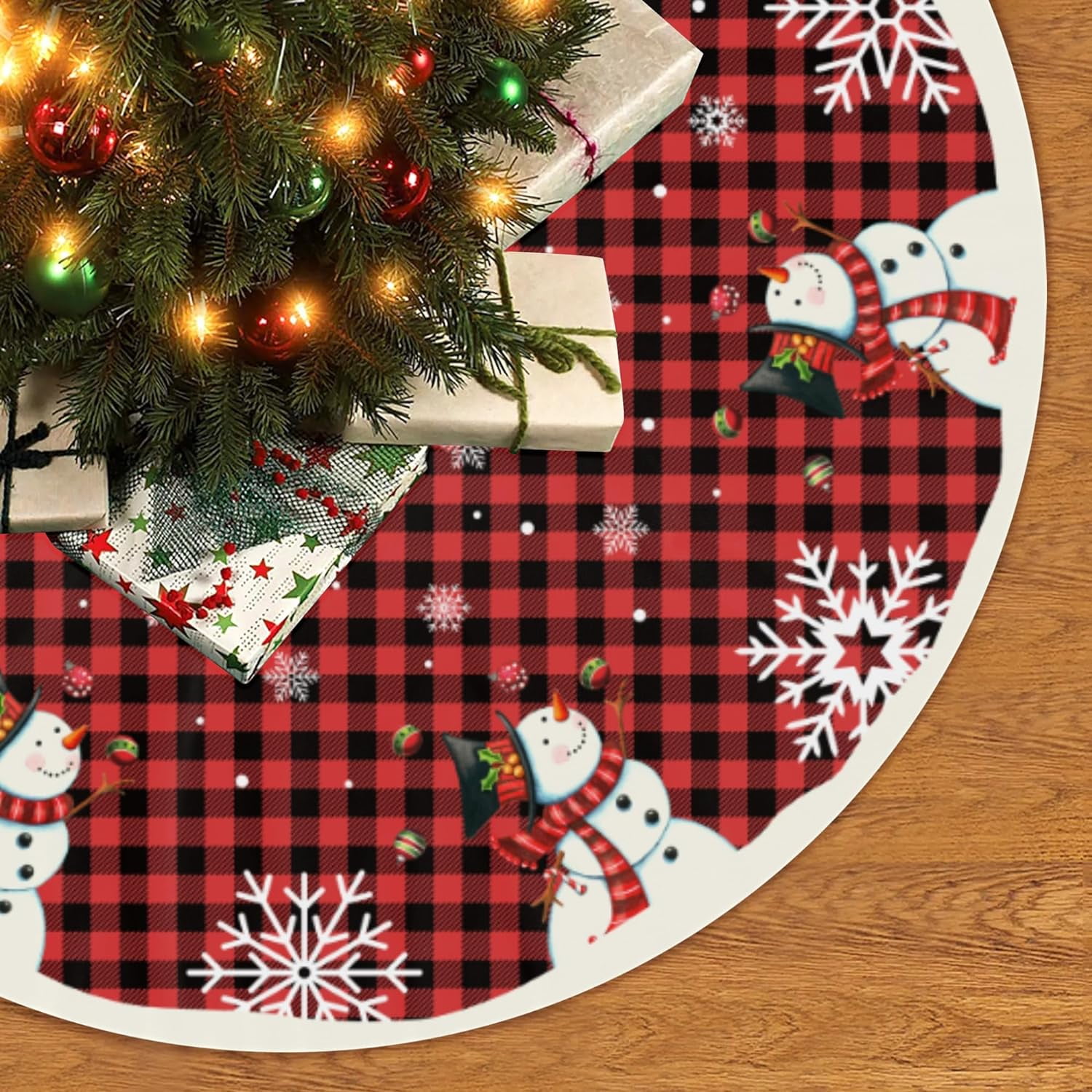 Newhomestyle Christmas Tree Skirt, Red Buffalo Plaid Snowman Snowflake ...