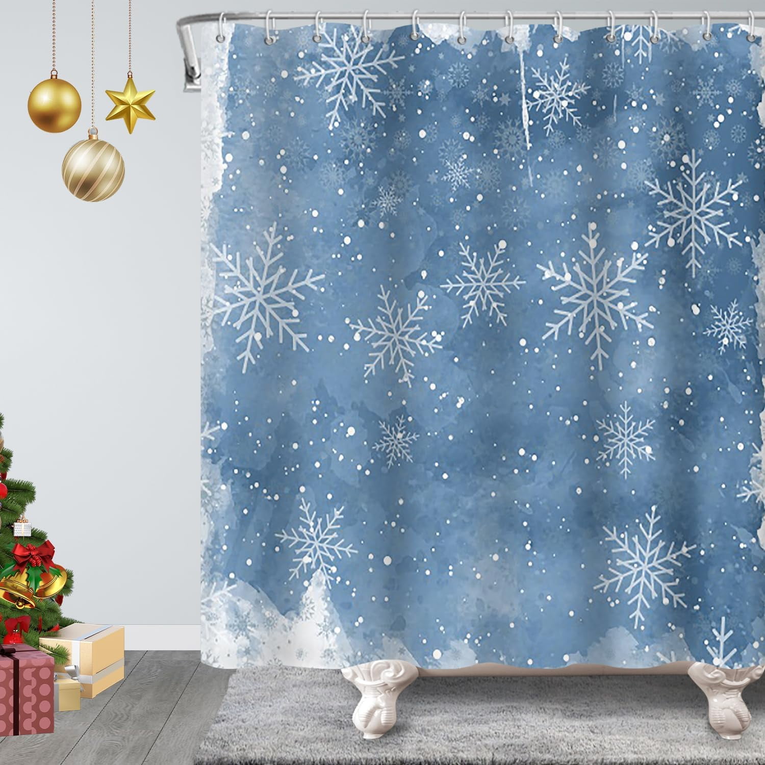 Newhomestyle Snowflake Shower Curtain White Snowflakes Pattern on ...