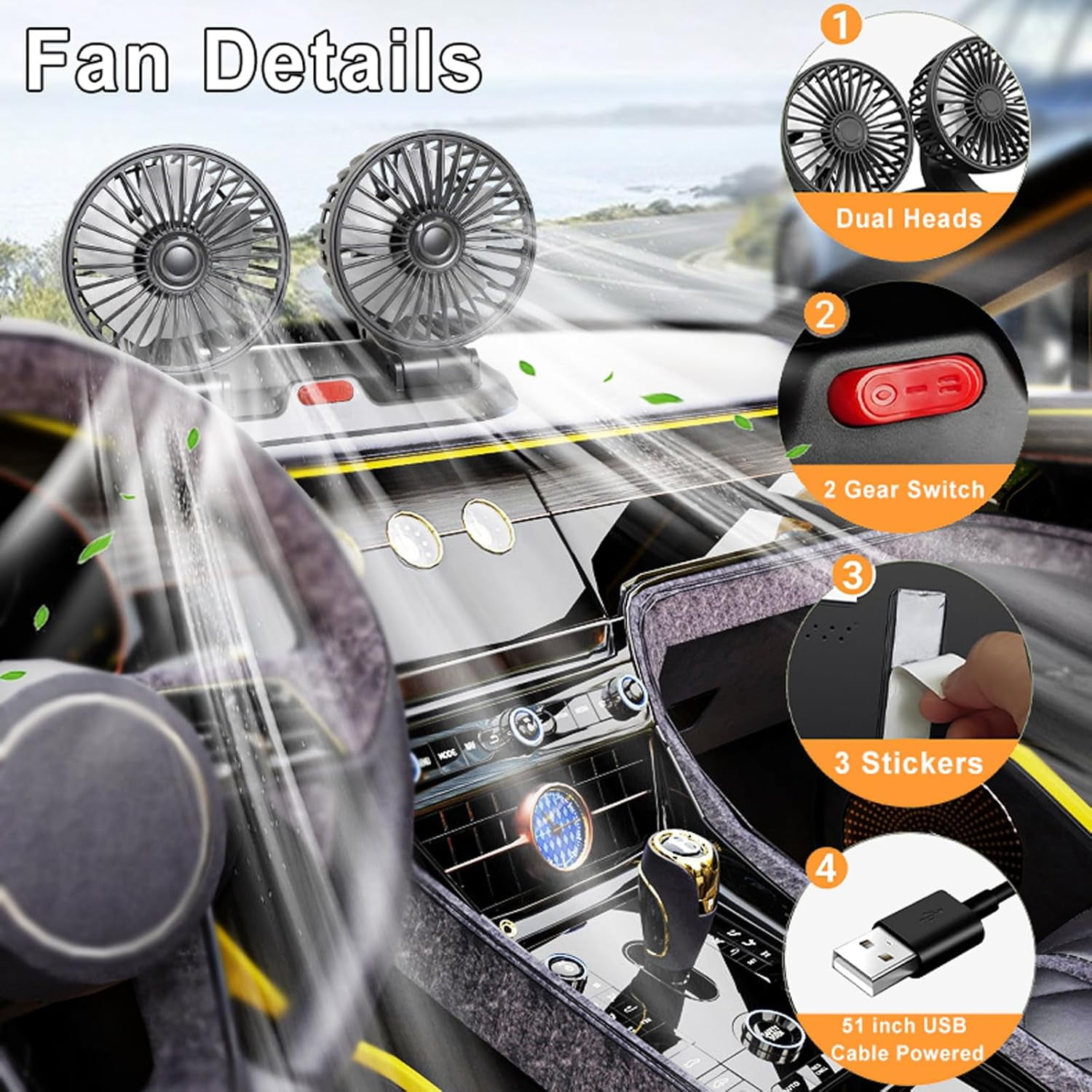 Newly Universal 5V Double Cooling Car Fan, 2 Speeds & 360° Rotation ...