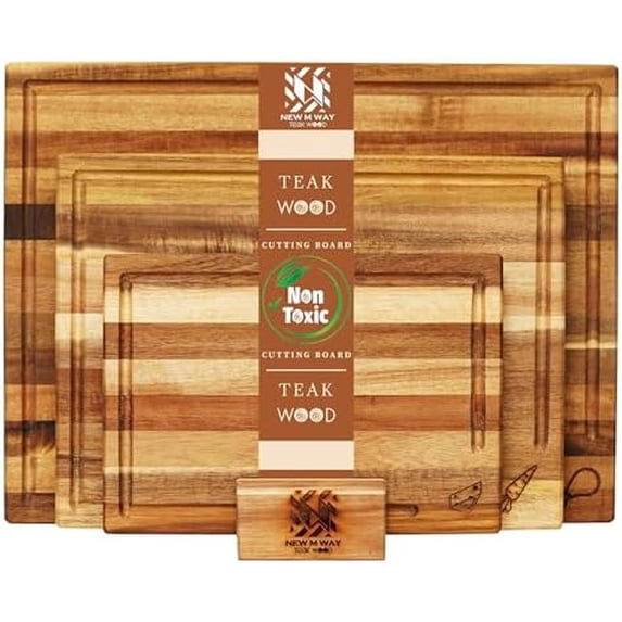Newmway Premium Teak Wood Cutting Board Set of 3 with Stand, Deep Juice ...