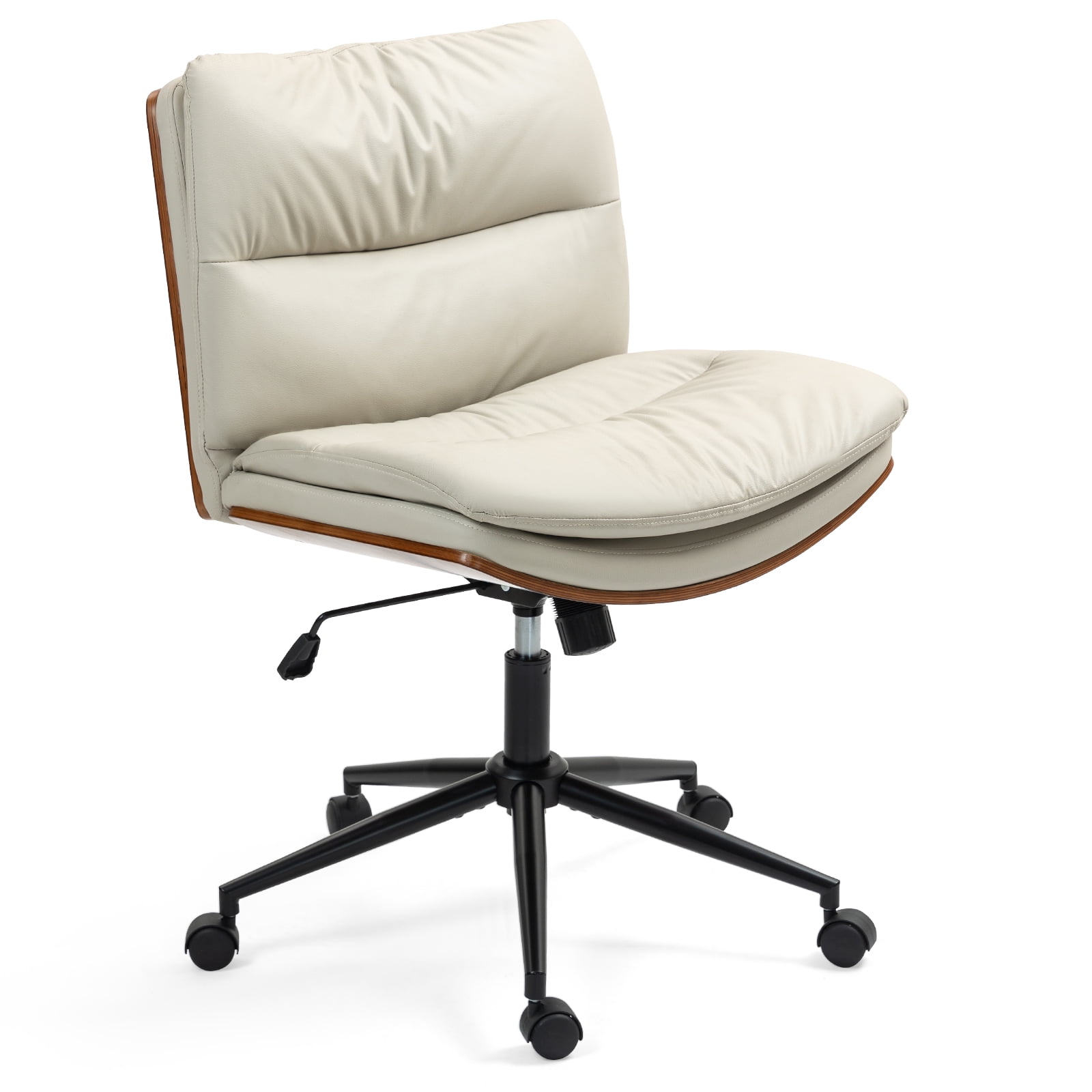 Newnno Armless Modern Walnut Office Chair with Wheels, PU Leather ...