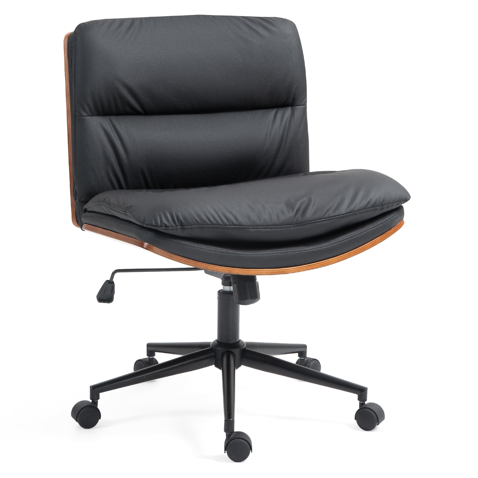 Newnno Armless Modern Walnut Office Chair with Wheels, PU Leather ...
