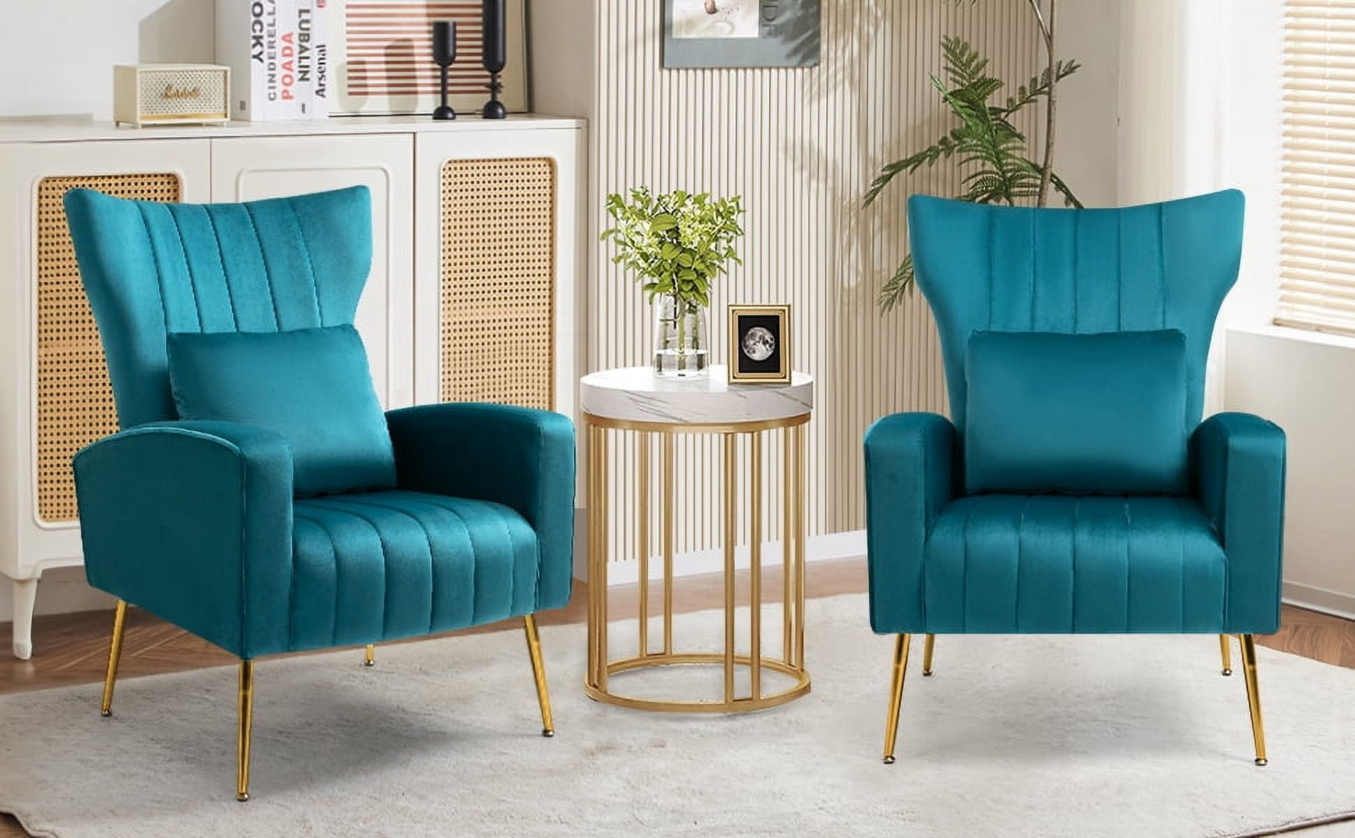 Newnno Velvet Accent Chairs Set of 2 Turquoise High Back with Lumbar ...