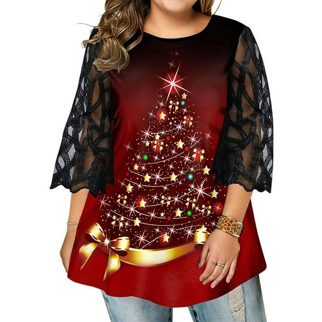 Newonne Women's Plus Size Christmas 3/4 Sleeve See Through Lace Shirts ...