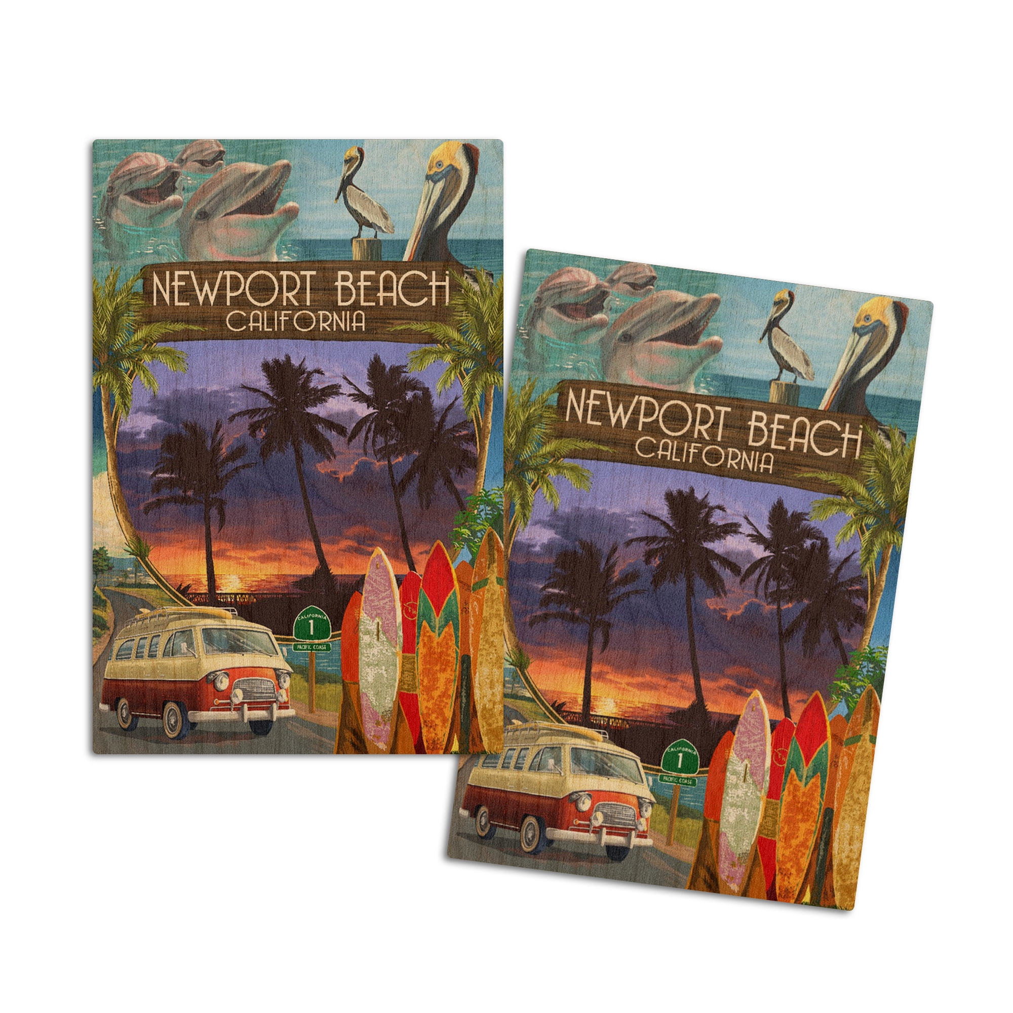 Newport Beach, California, Montage with Camper Van (4x6 Birch Wood ...