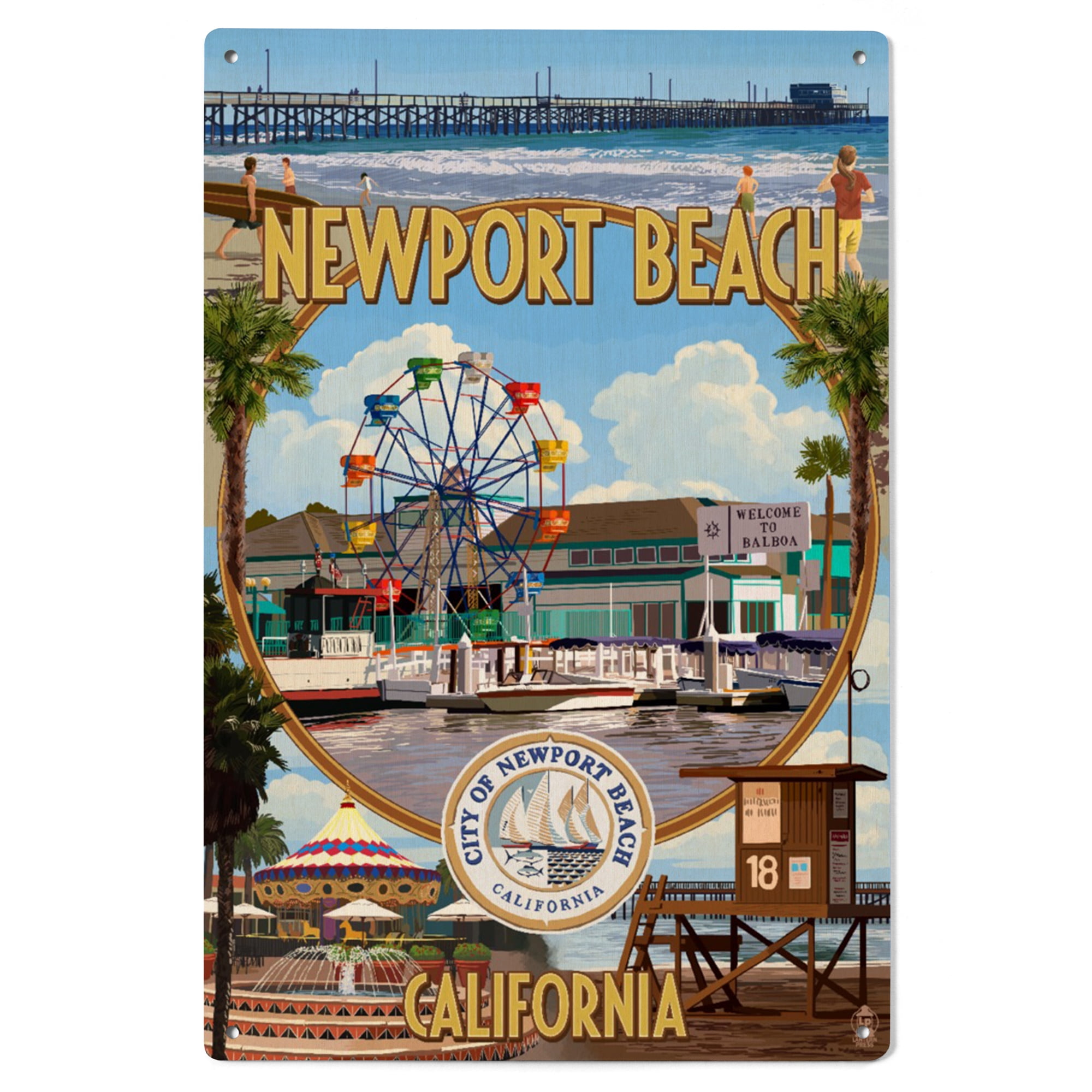 Newport Beach, California, Newport Beach Montage Birch Wood Wall Sign ...