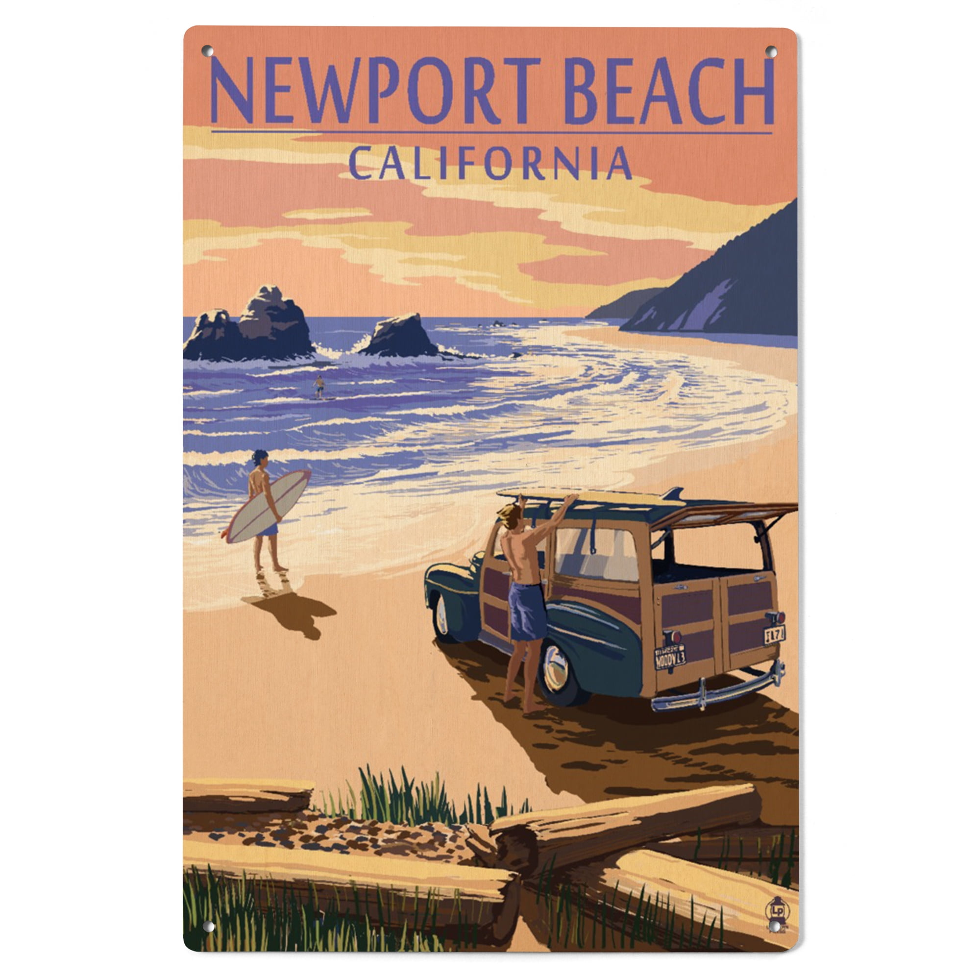 Newport Beach, California, Woody on Beach Birch Wood Wall Sign (6x9 ...