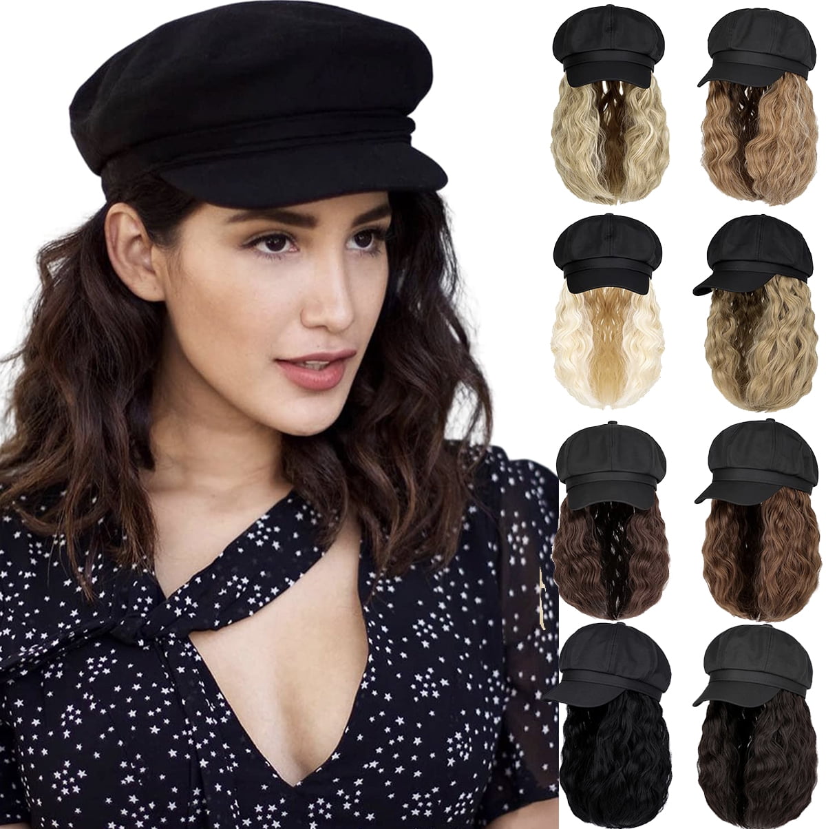 Newsboy Cap with Wavy Curly Hair Extensions for Women Hat Attached ...