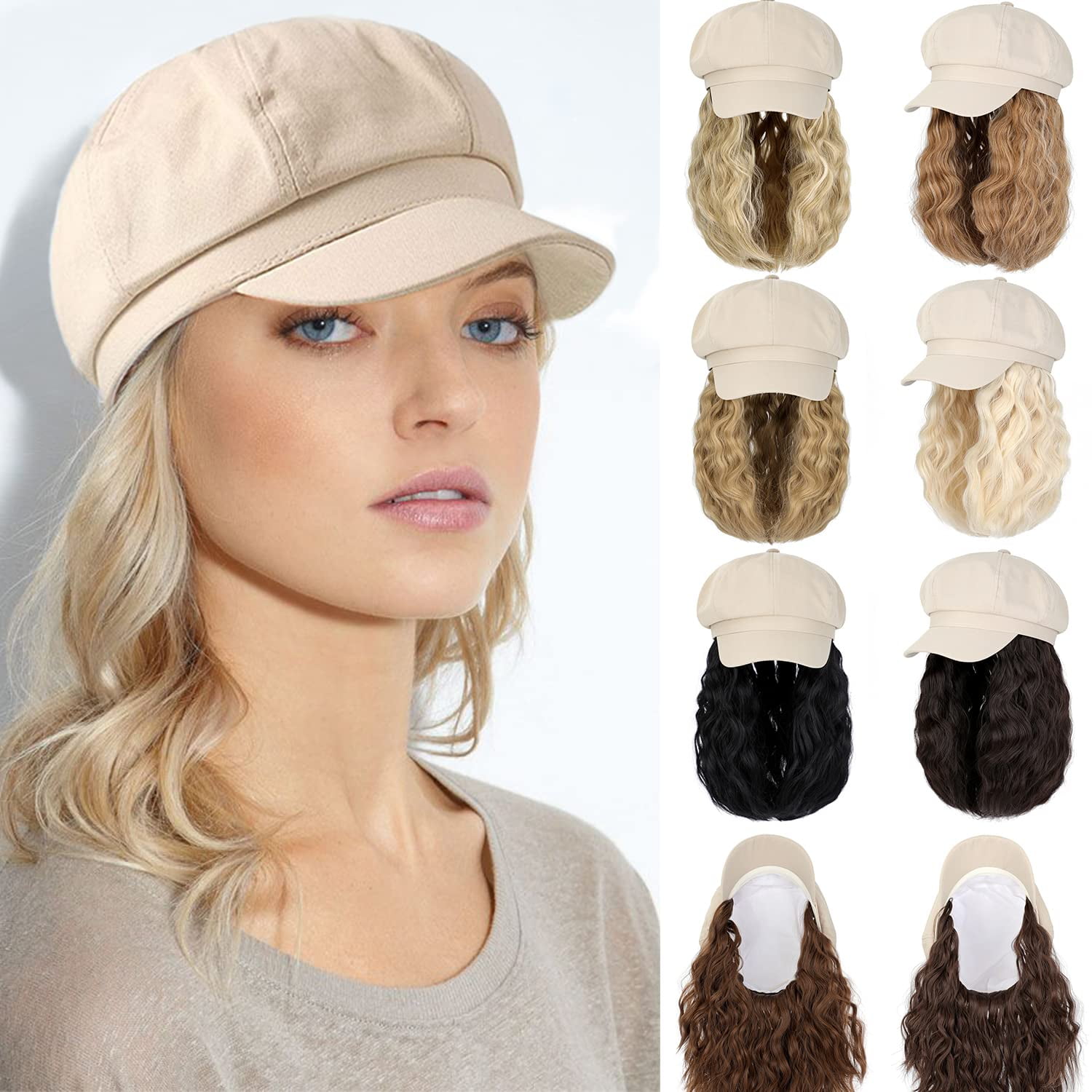 Newsboy Cap with Wavy Curly Hair Extensions for Women Hat Attached ...