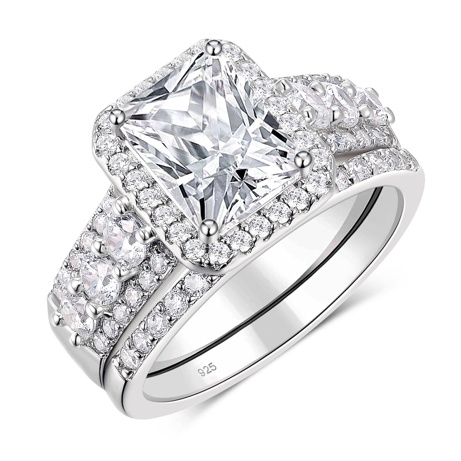 Newshe Jewellery 4CT Wedding Ring Sets Radiant Cut 925 Sterling Silver ...