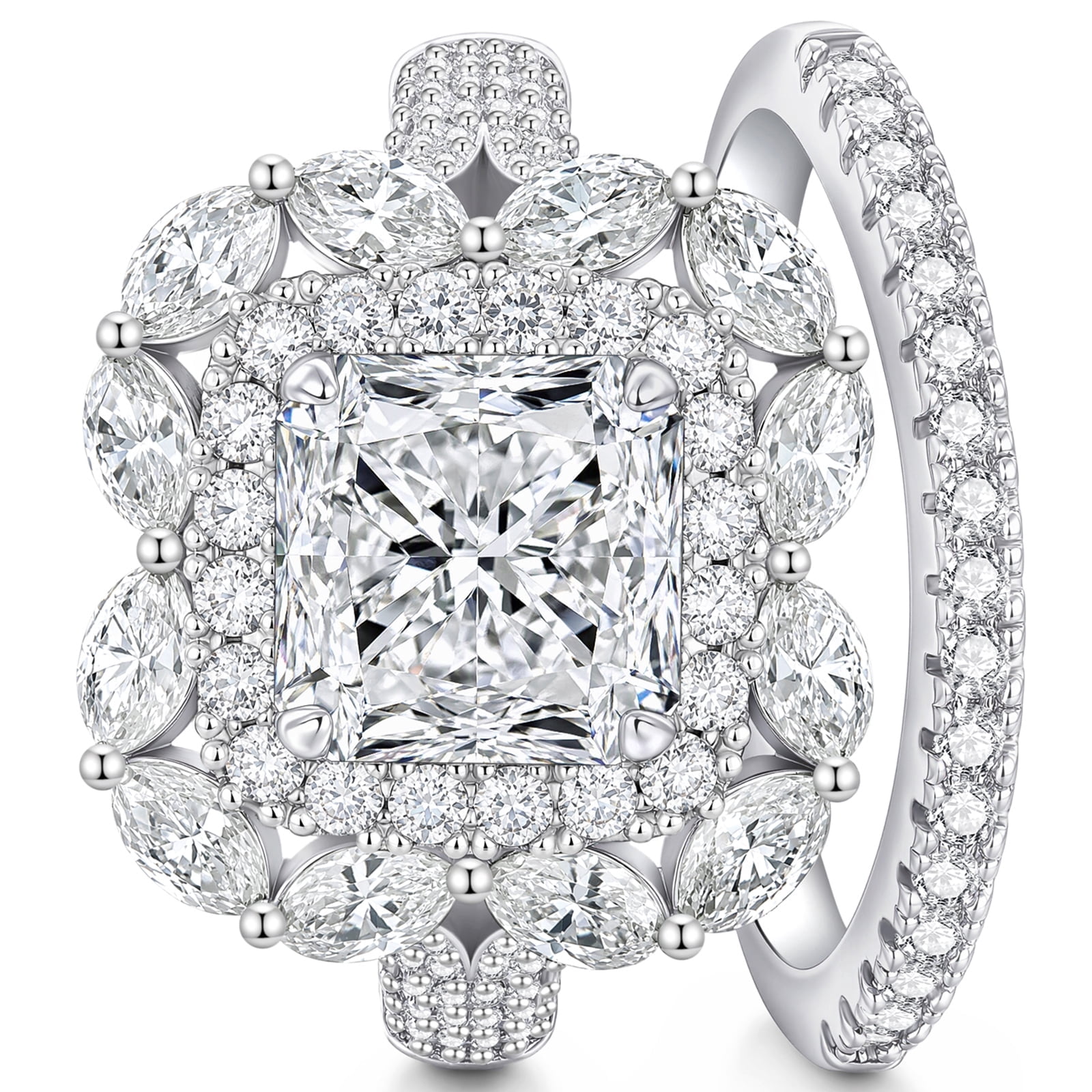 Newshe Jewellery 6 Ct Double Halo Princess Marquise Moissanite Wedding ...