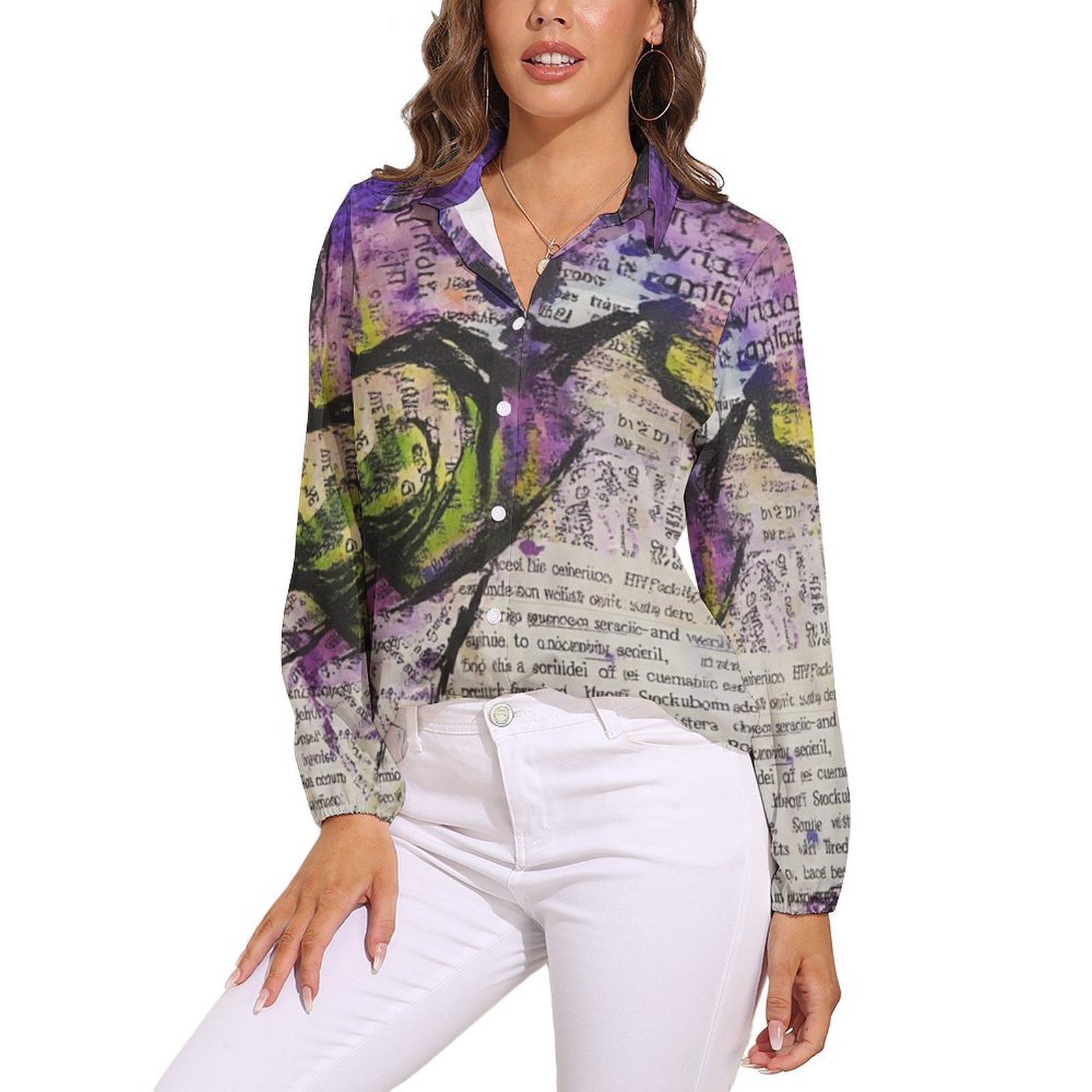 Newspaper Collage-1 Vntage Casual Long Sleeve Shirt Blouse Woman ...