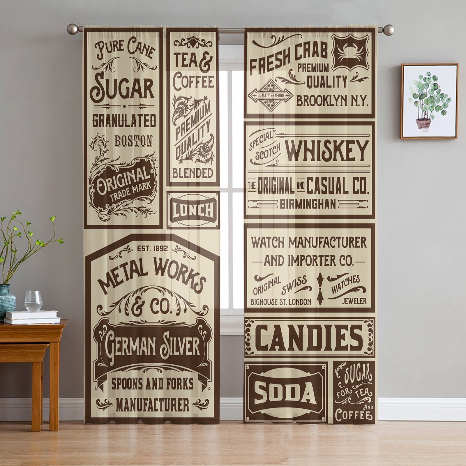 Newspaper Labels Retro Chiffon Sheer Curtains for Living Room Bedroom ...