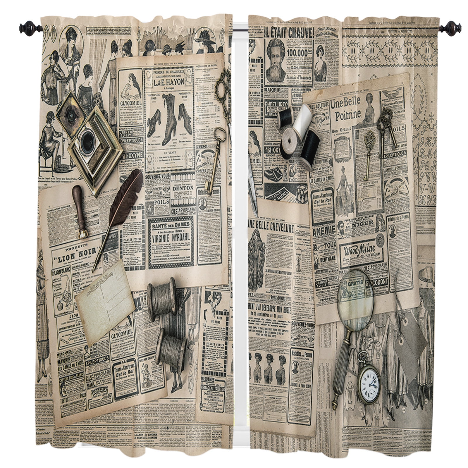 Newspaper Labels Retro Curtains For Living Room Kitchen Curtain Bedroom ...