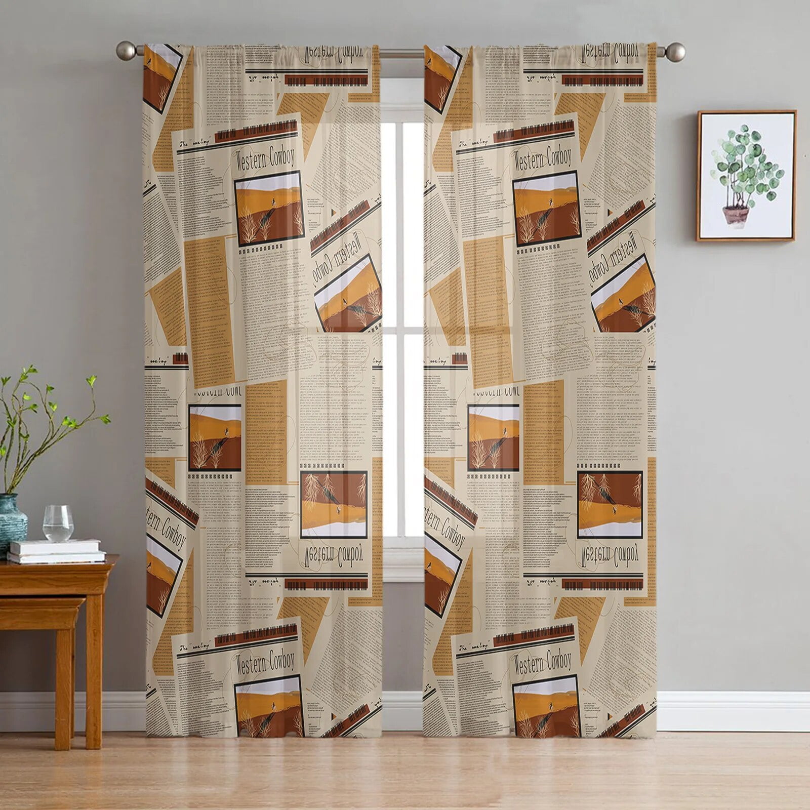 Newspaper Overlay Text Hat Shadow Bedroom Transparent Sheer Curtains ...