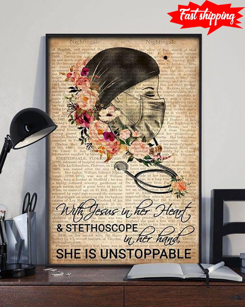 Newspaper Theme Floral Nurse With Jesus In Her Heart & Stethoscope In ...