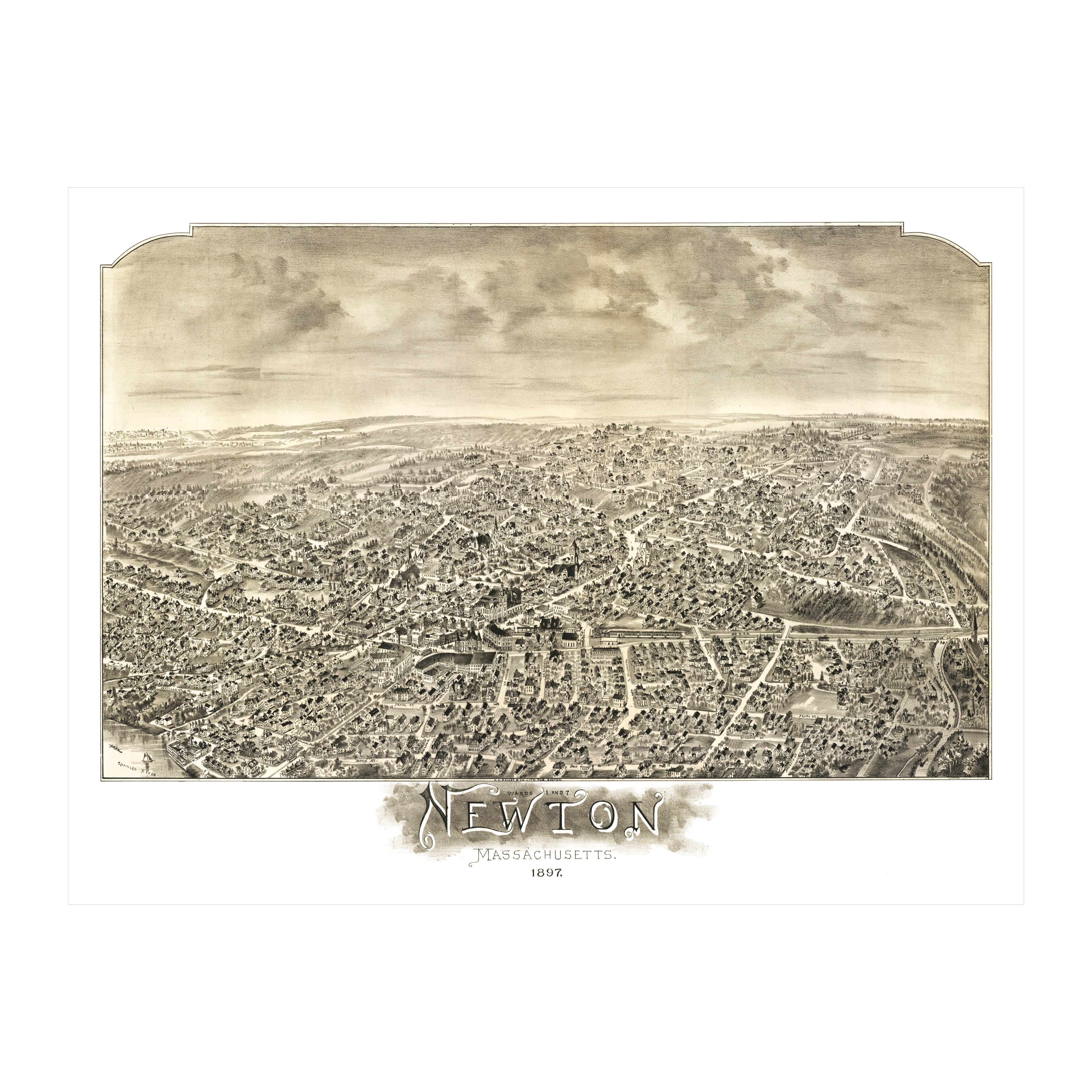 Newton Art, 1897 Vintage Map of Newton Massachusetts, MA History Wall ...