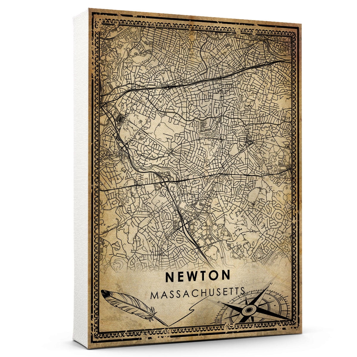 Newton Vintage Map Prints Canvas, Massachusetts Map Art Canvas, Canvas ...