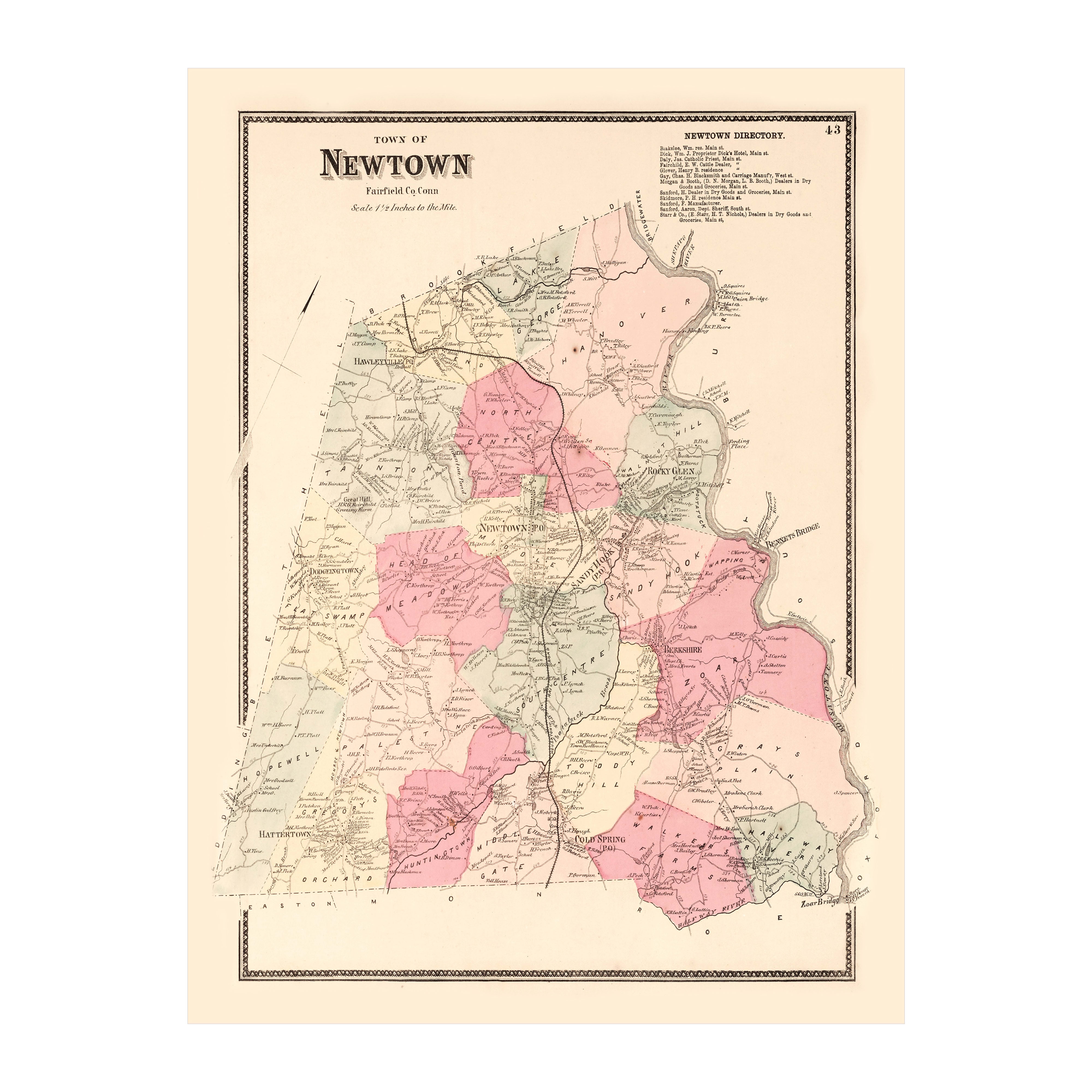 Newtown Art, 1867 Vintage Map of Newtown Connecticut, CT History Wall ...