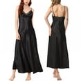 Newway Women Satin Long Nightgown Backless Sleepshirt Deep V Neck Lace