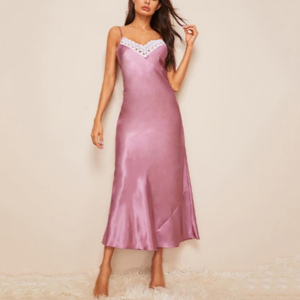 Newway Women Satin Long Nightgown Backless Sleepshirt Deep V Neck Lace ...