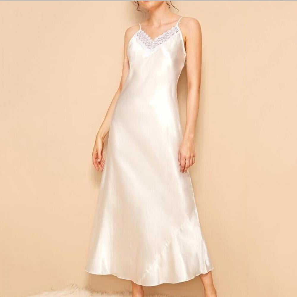 Newway Women Satin Long Nightgown Backless Sleepshirt Deep V Neck Lace ...