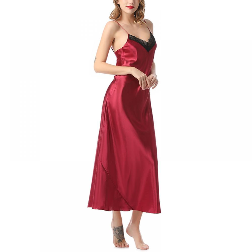 Newway Women Satin Long Nightgown Backless Sleepshirt Deep V Neck Lace ...