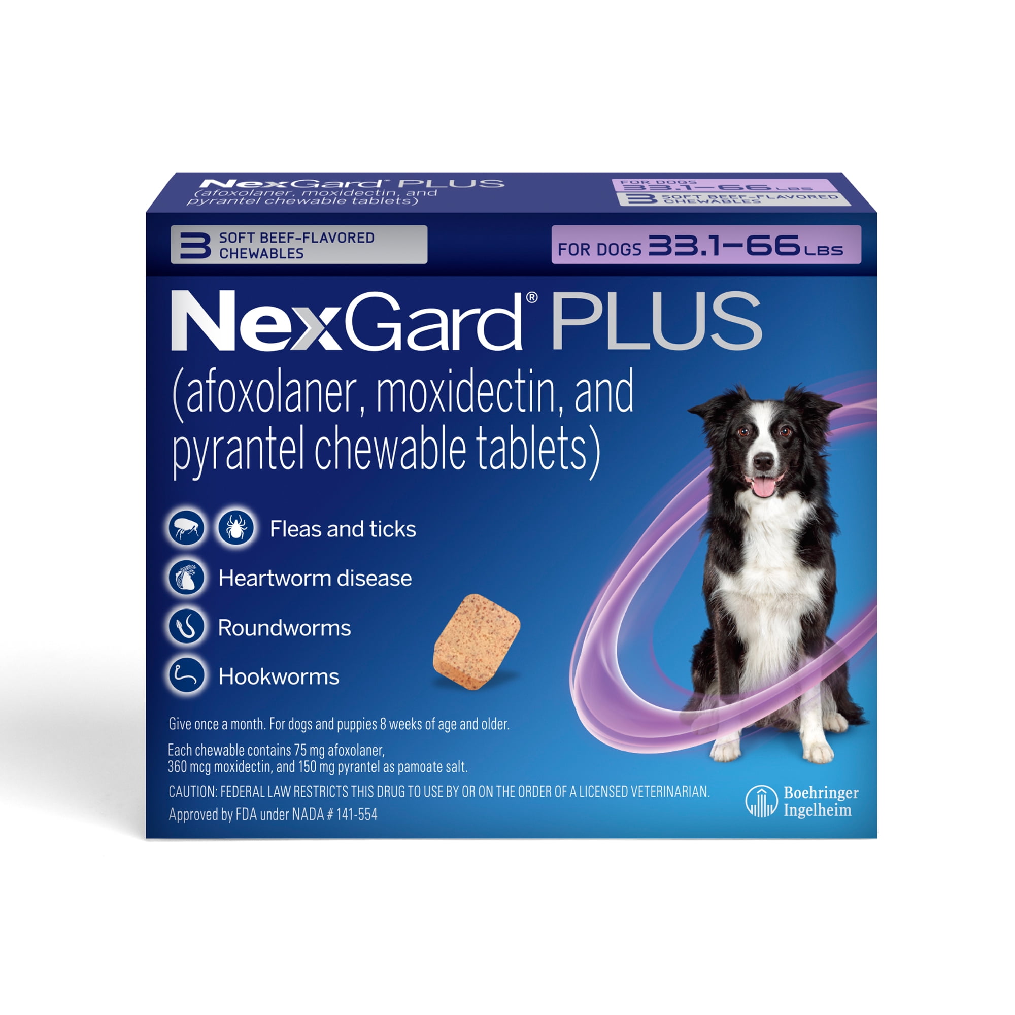 NexGard Plus Flea, Tick & Heartworm Chewable for Dogs 33.1-66 lbs, Beef ...