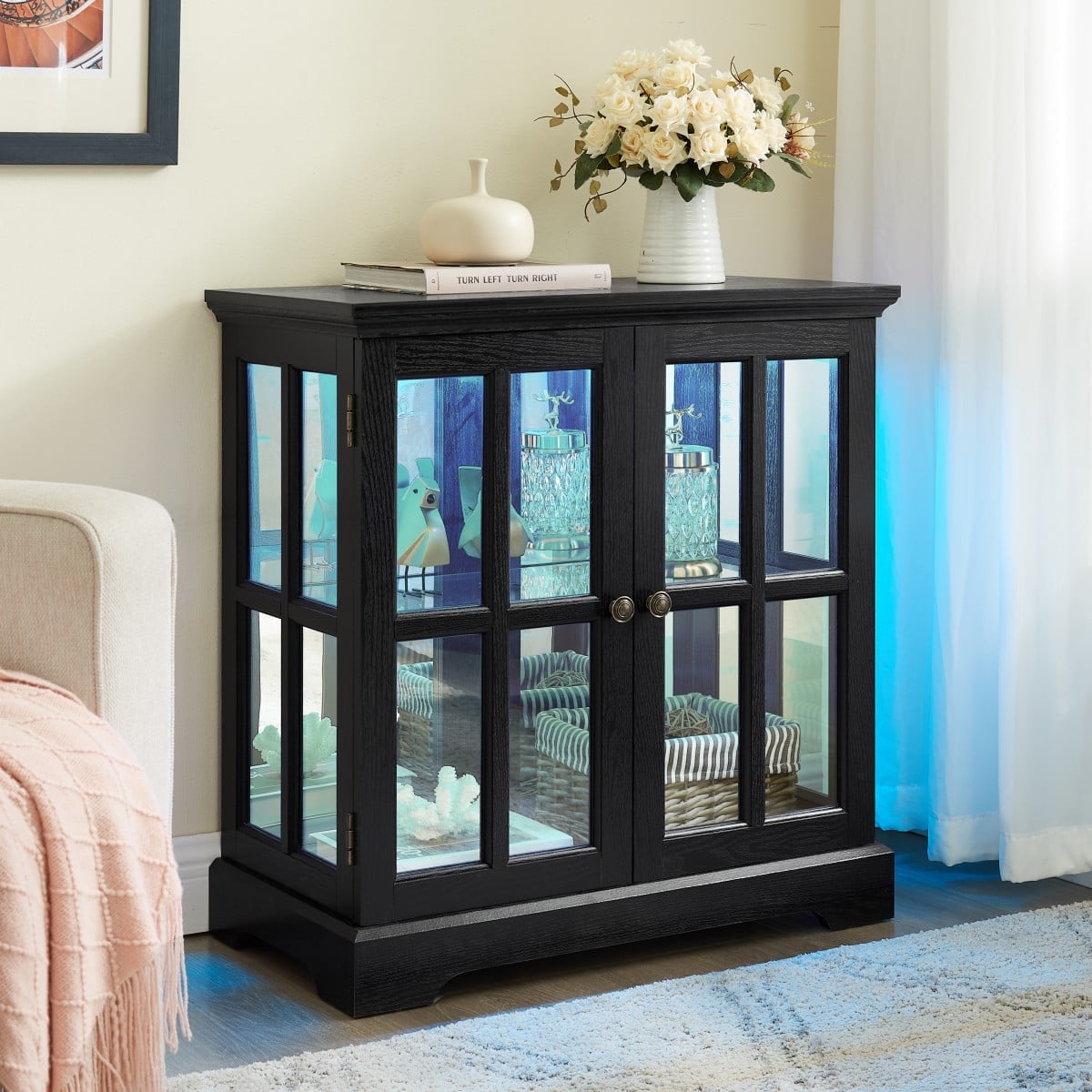 Nexalux Antique Black Showcase Cabinet with Lattice Doors - LED Lighted ...