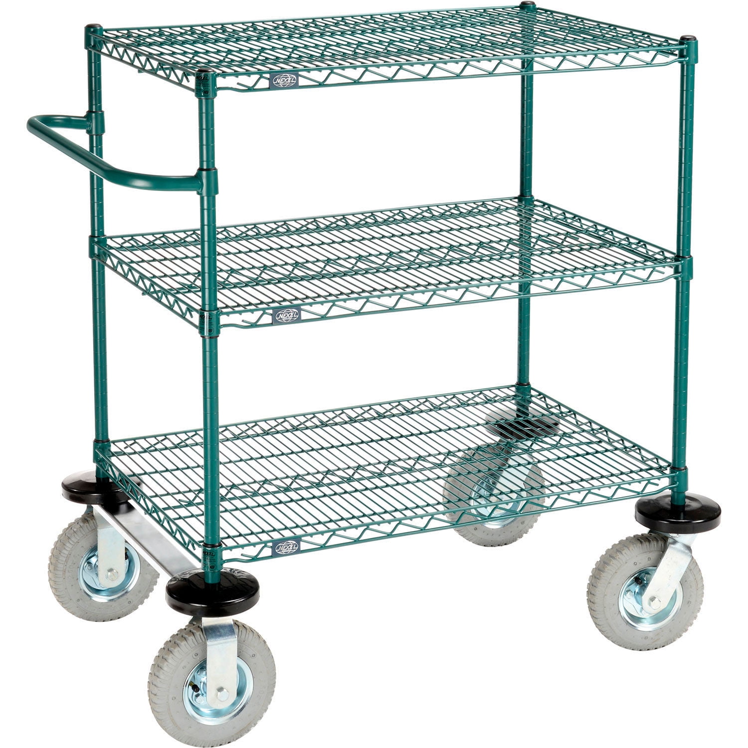 Nexel 3 Shelf Cart, Poly-Green, 36"L x 24"W x 43"H, Pneumatic Rigid ...