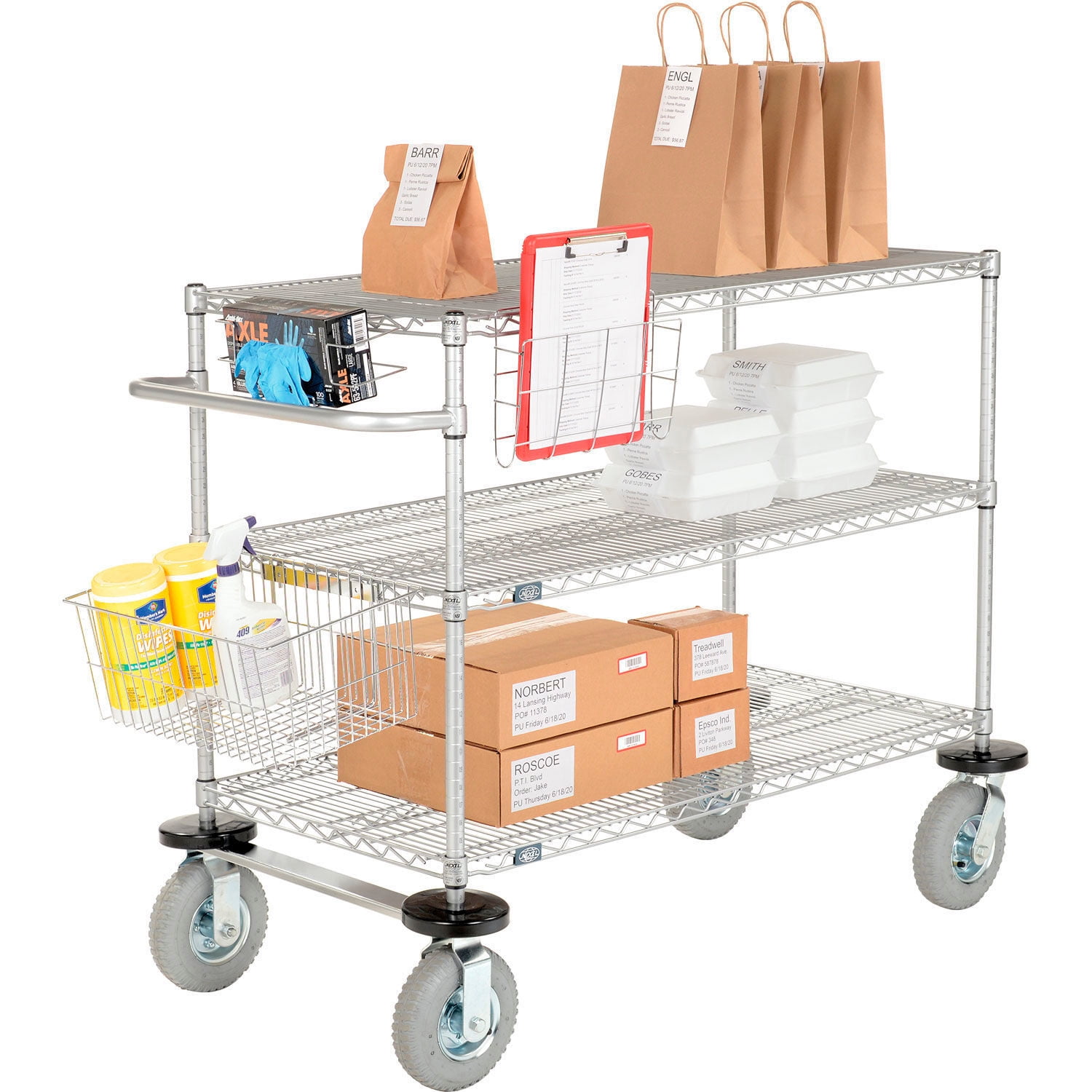 Nexel 3 Shelf Push Cart Chrome 72""W x 24""D x 43""H Pneumatic Casters2 ...