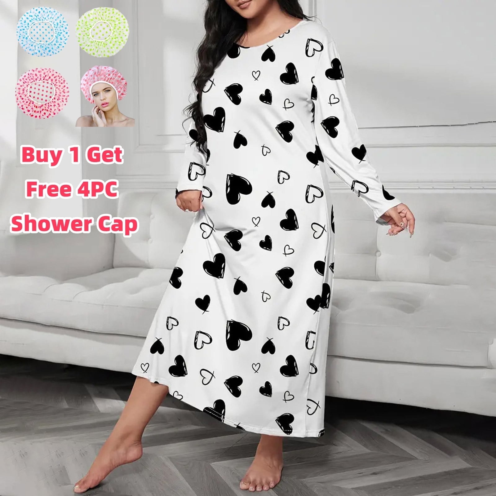 Nexjvus Nightgowns for Women Long Sleeve Heart Print Sleepwear Soft ...