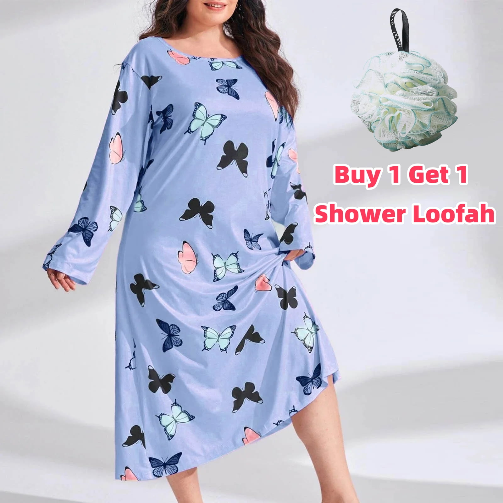 Nexjvus Plus size Nightgowns for Women Long Sleeve Butterfly Print ...
