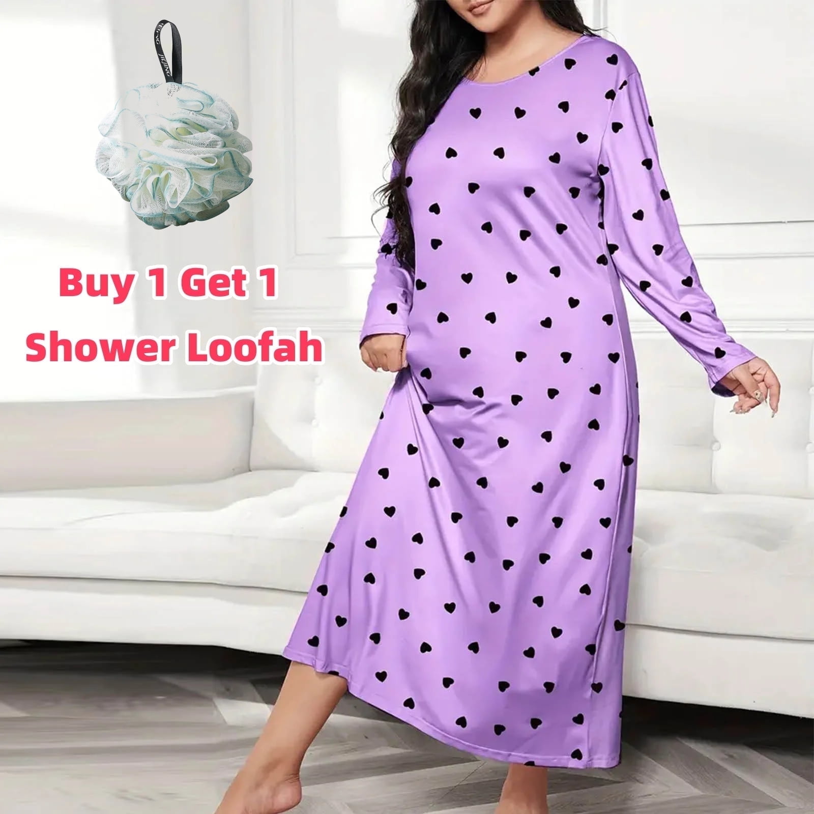 Nexjvus Plus size Nightgowns for Women Long Sleeve Heart Print ...
