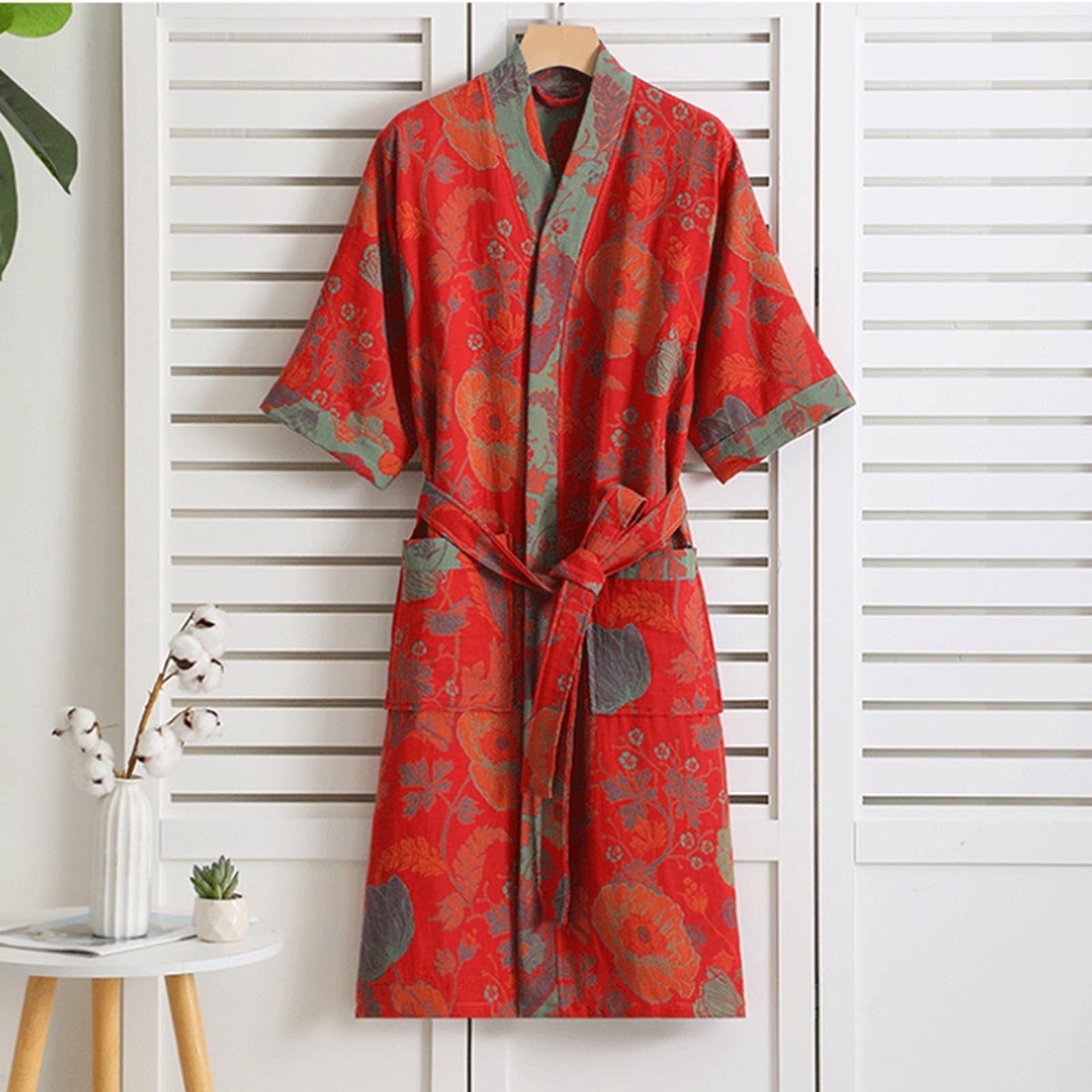 Nexjvus Women's Robes Cotton Short Sleeve Double-Layer Gauze Bathrobe ...