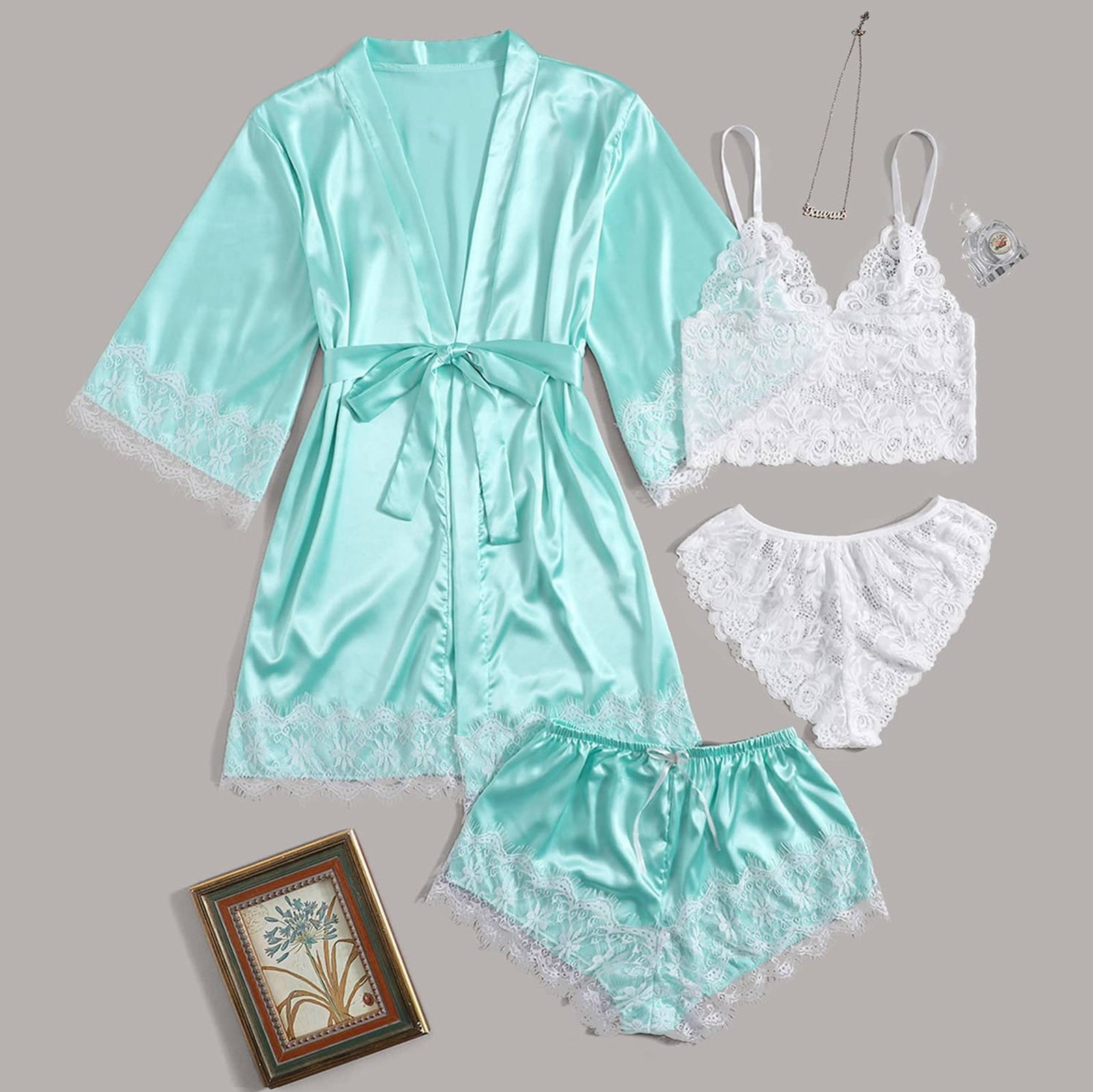 Nexjvus Womens Robes 4 Piece Silk Robe Satin Bathrobe Set Sleepwear ...