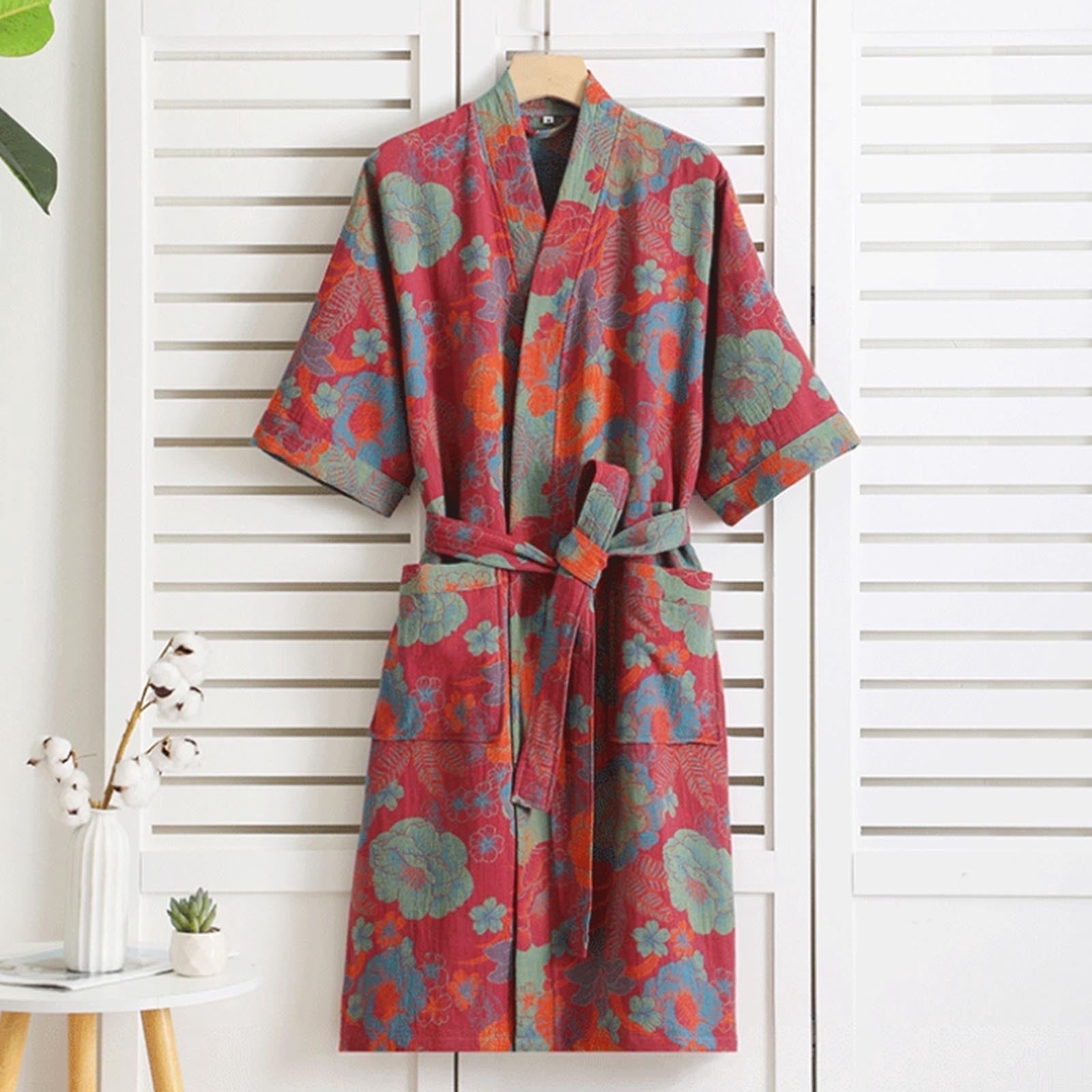 Nexjvus Womens Robes Cotton Short Sleeve Double-Layer Gauze Bathrobe ...