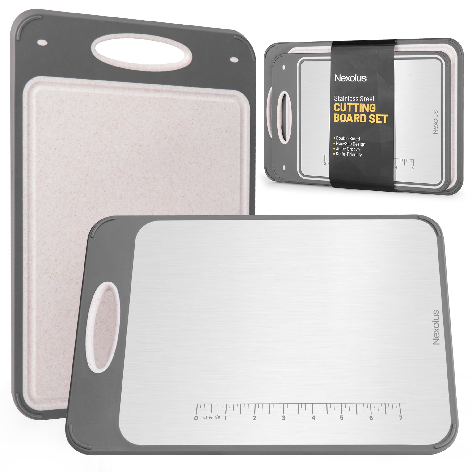Nexolus Double Sided Stainless Steel Cutting Board Set - 16x11" + 14x9 ...
