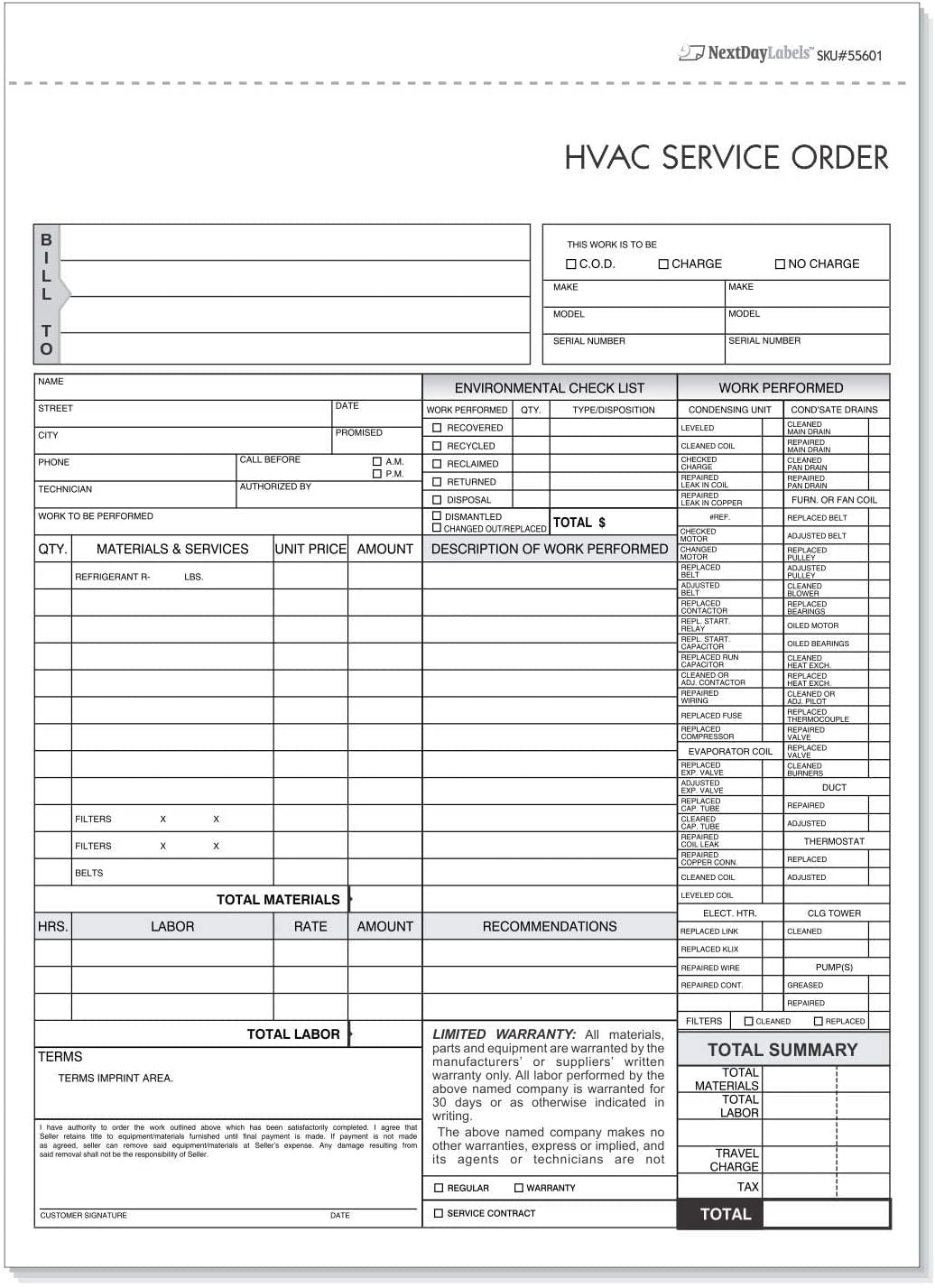 NextDayLabels - HVAC Service Order Invoice & Repair Detail Form, 3 Part ...